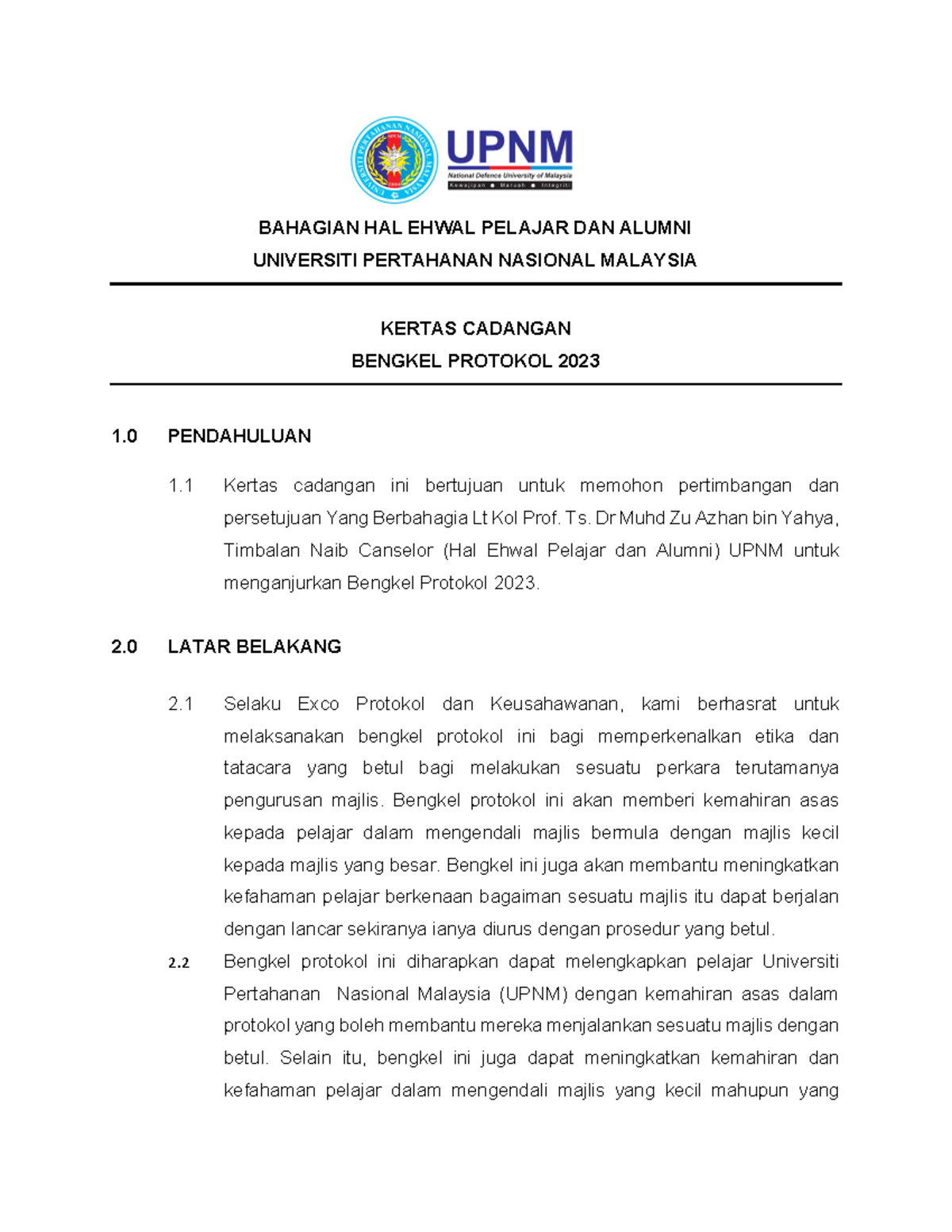 PDF Paperwork Bengkel Protokol 2023 - BAHAGIAN HAL EHWAL PELAJAR DAN ALUMNI UNIVERSITI ...