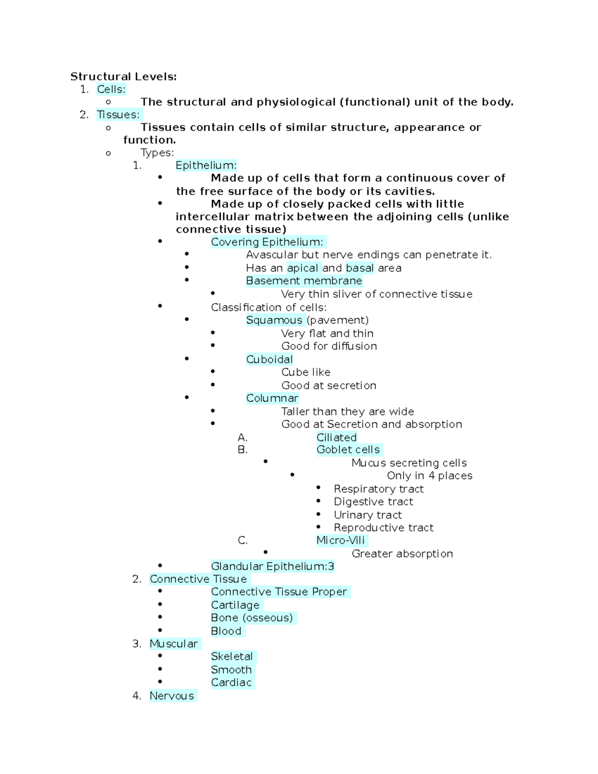 Structural Levels of Anatomy - Structural Levels: 1. Cells: o The ...