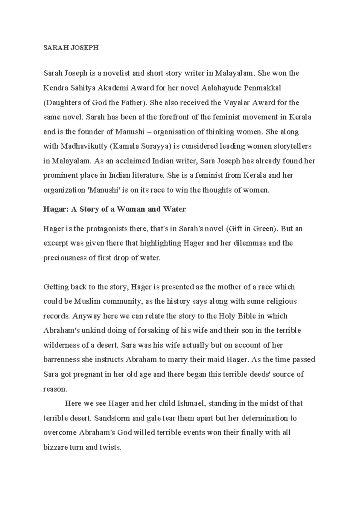 Hagar - SARAH JOSEPH Sarah Joseph is a novelist and short story writer ...