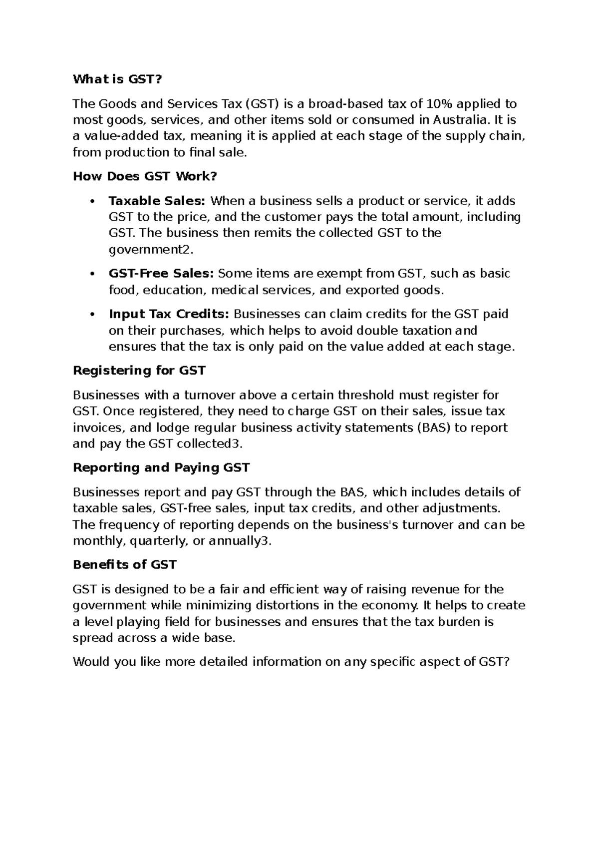 GST Summary - What is GST? The Goods and Services Tax (GST) is a broad ...