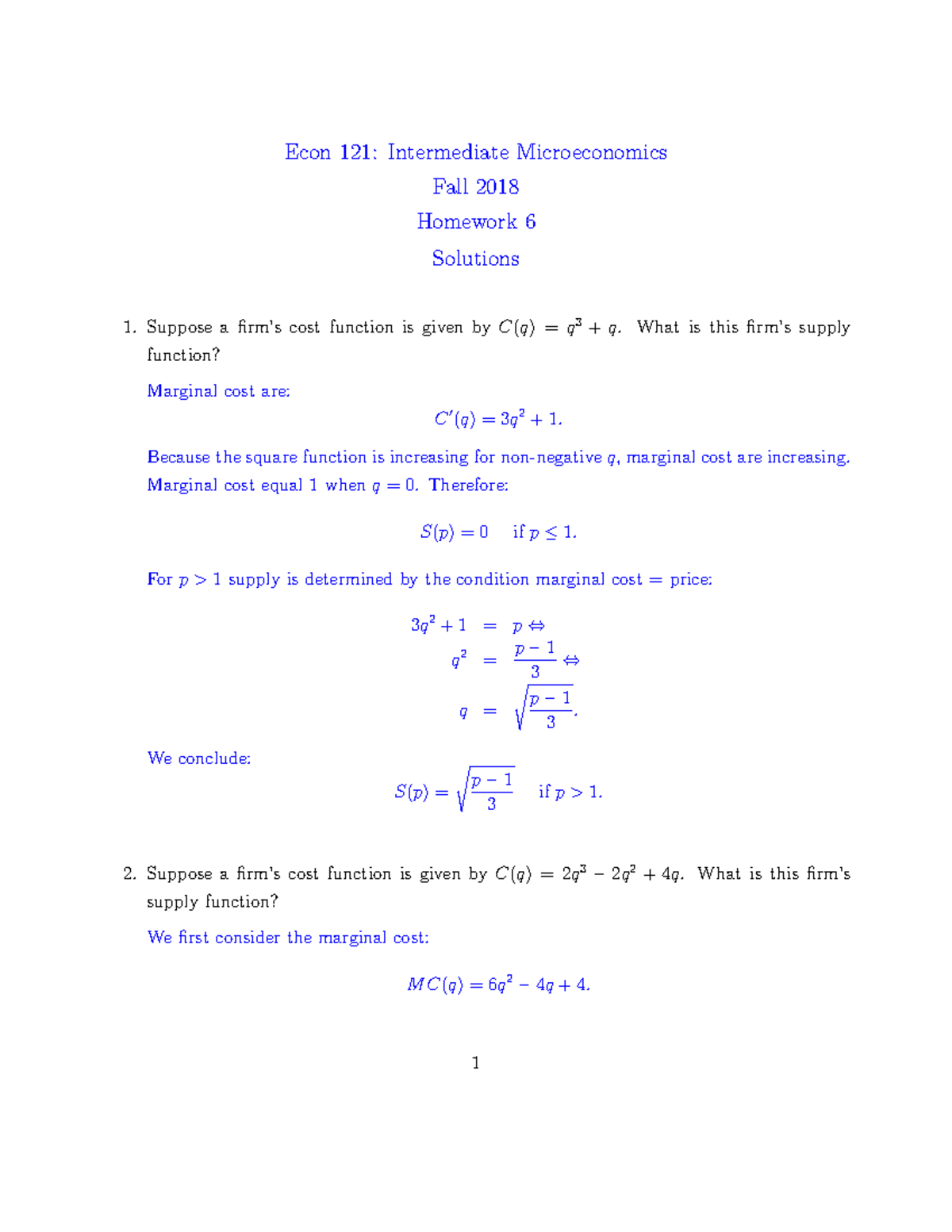 Homework Problems 6Answers - Econ 121: Intermediate Microeconomics Fall 2018 Homework 6 ...