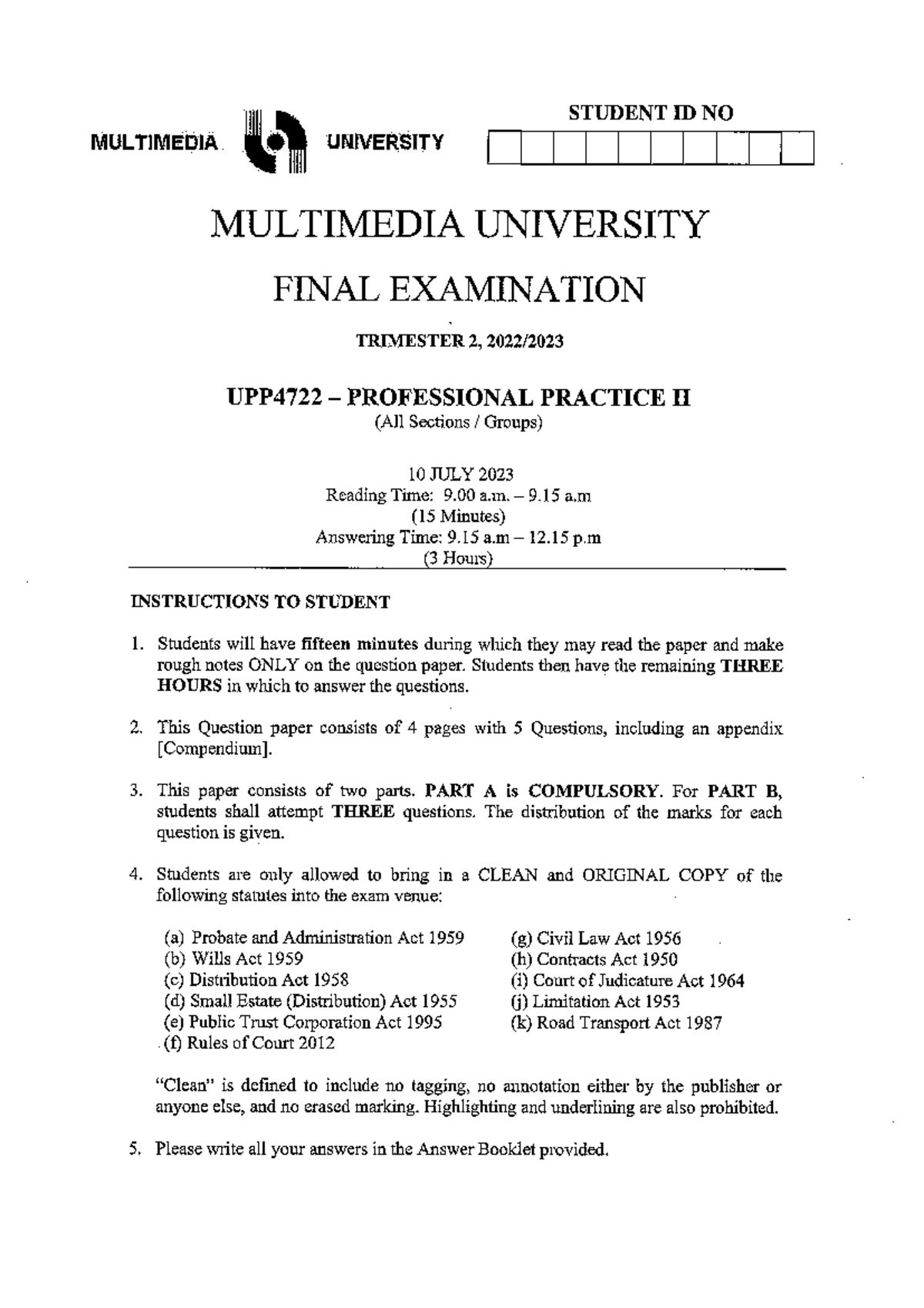 Professional Practice 2 PYQ 22 23 - STUDENT ID NO MULTIMEDIA UNIVERSITY MULTIMEDIA UNIVERSITY ...