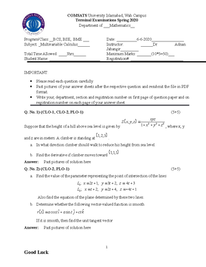 MVC Past Paper of Spring 2021 - Multivariable Calculus (Terminal SP21 ...