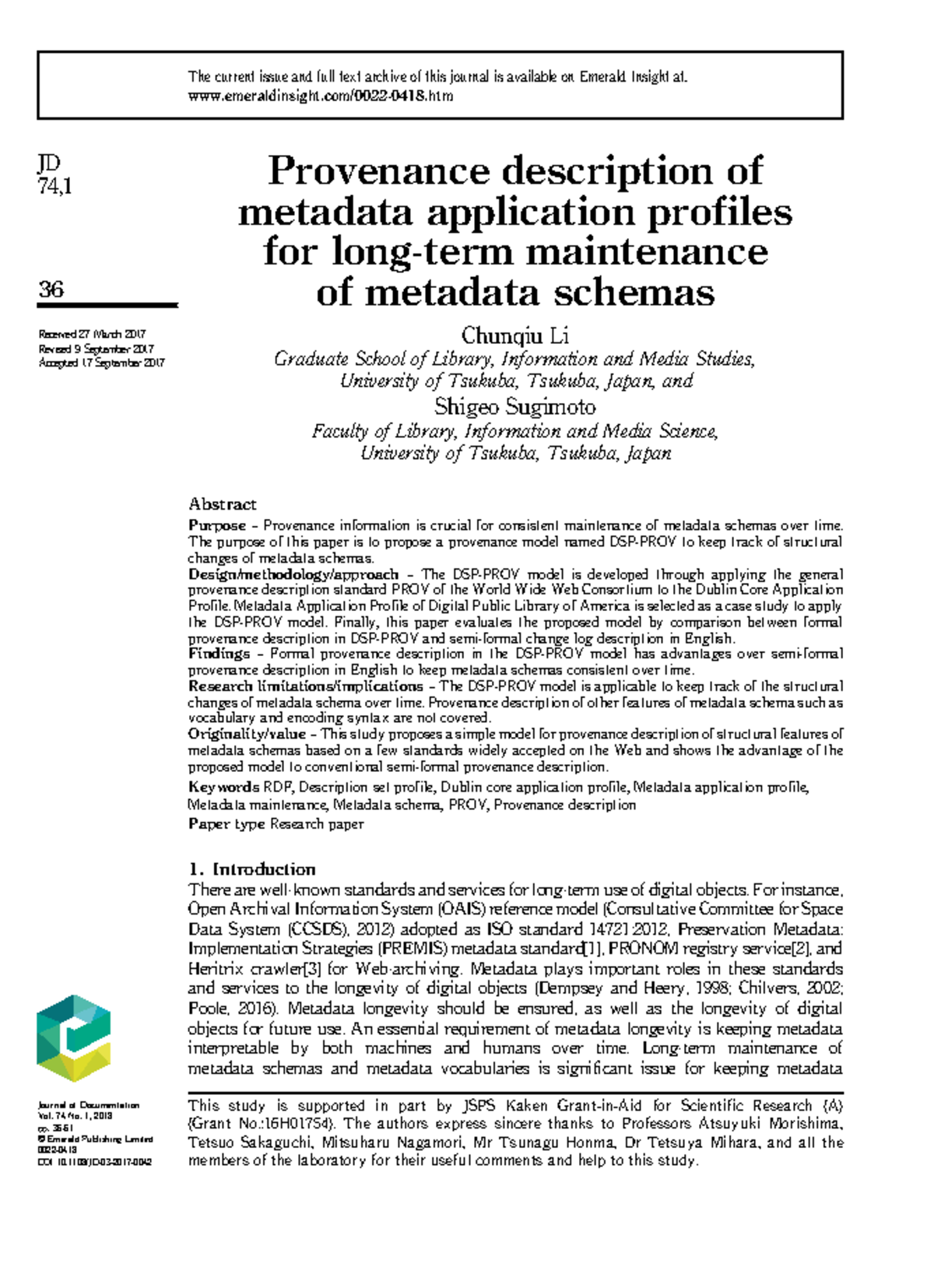 10-1108 JD-03-2017-0042 - Provenance description of metadata ...