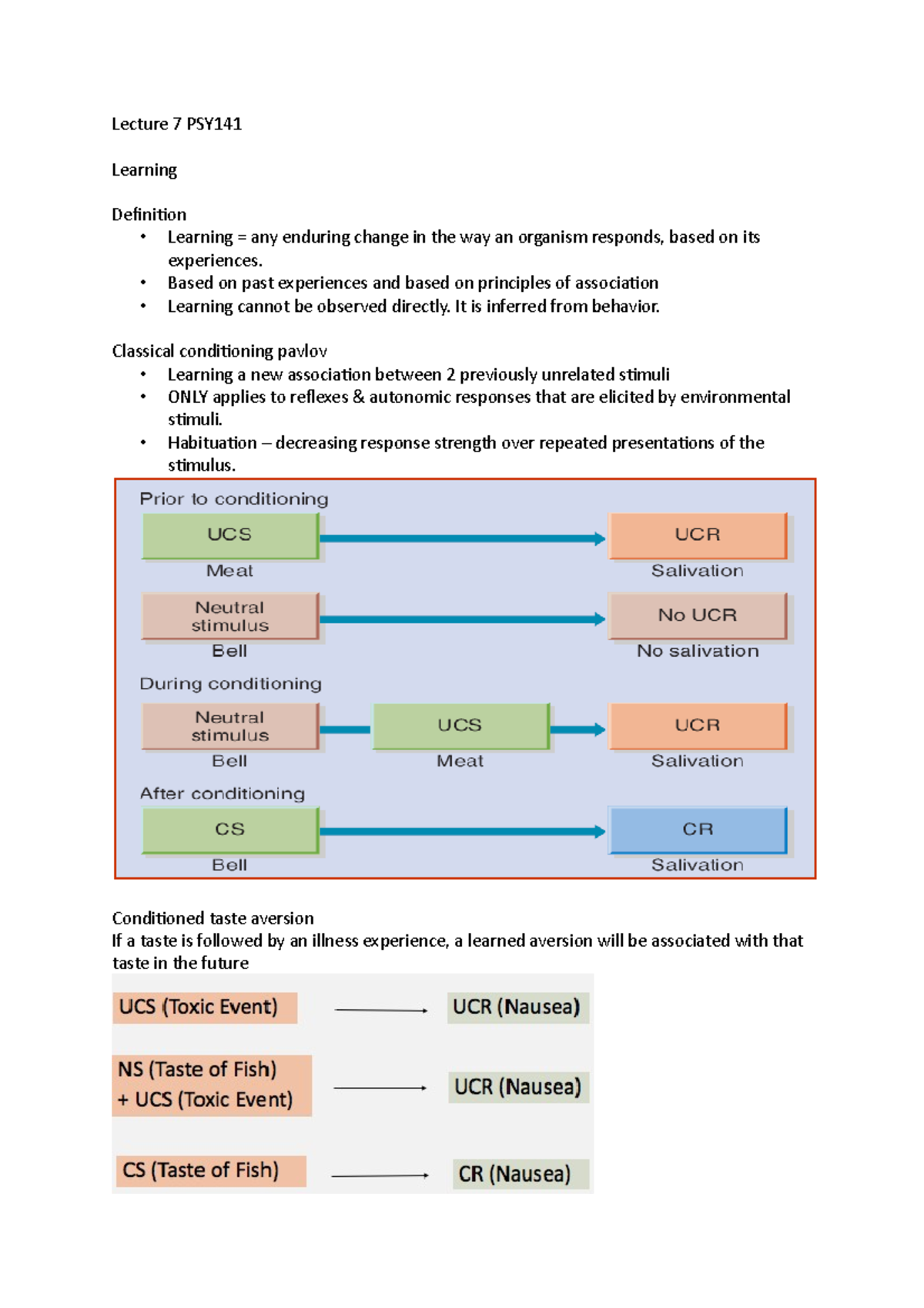 Lecture 7 PSY141 - Lecture 7 PSY Learning Definition - Learning = any ...