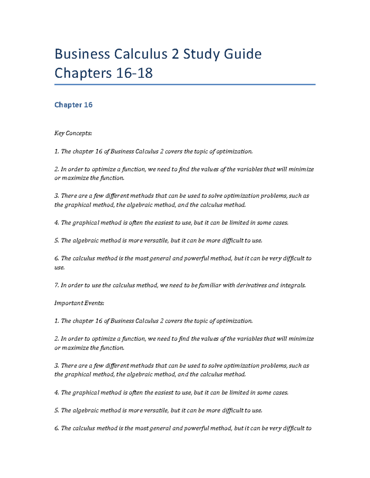 Business Calculus 2 Study Guide Chapters 16-18 - Business Calculus 2 ...