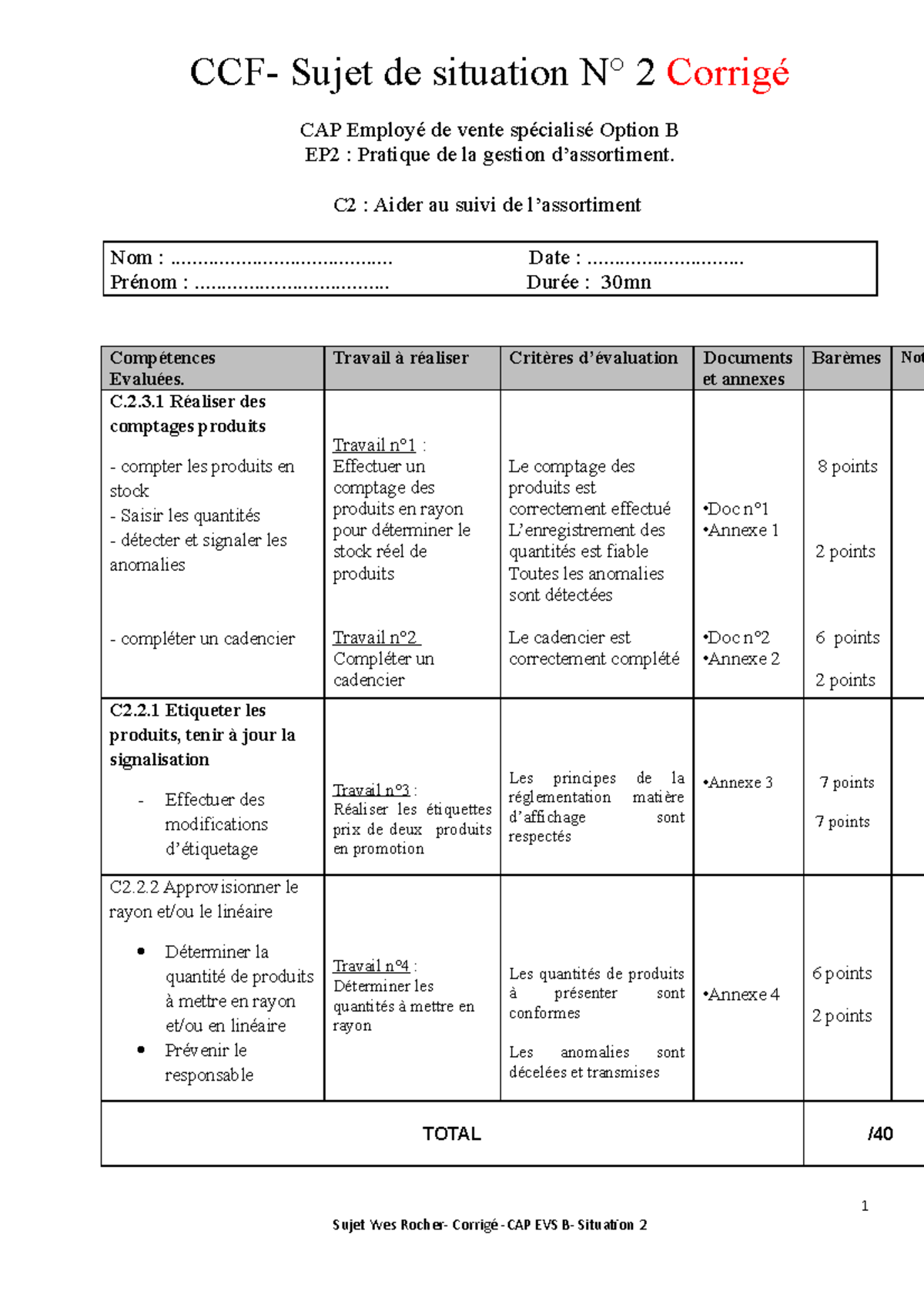 Sujet YVES Rocher-CAP EVS B- Situation 2- corrige-2 - CCF- Sujet de ...