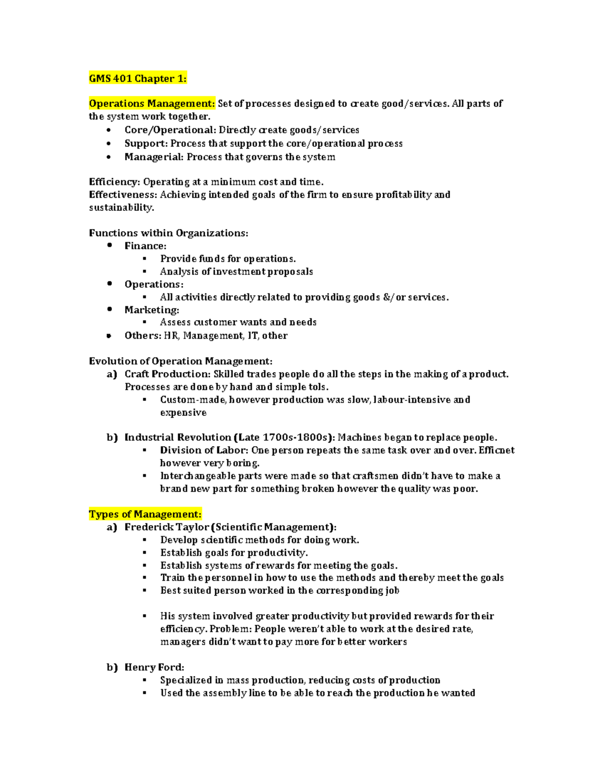 Lecture notes, Operations Management, Chapters 1,2,4,6 - Prof. Kirk ...