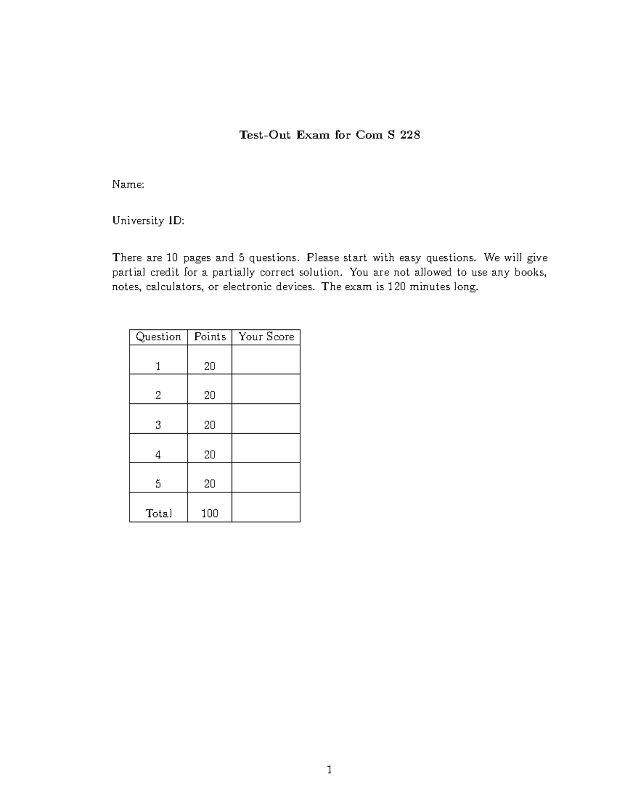 Test-out - 228 lct - Test-Out Exam for Com S 228 Name: University ID ...