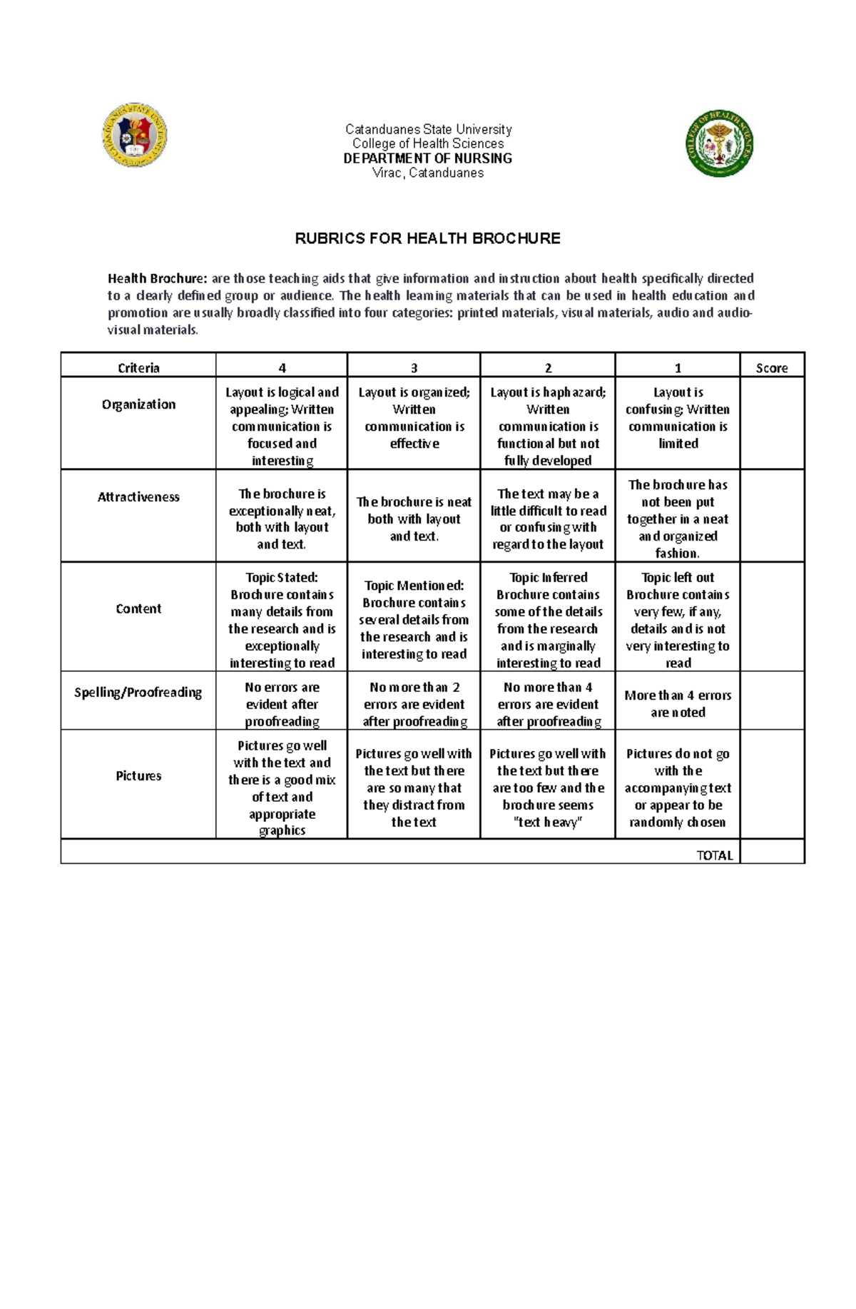 Health Brochure - Rubrics help instructor to grade their students work ...