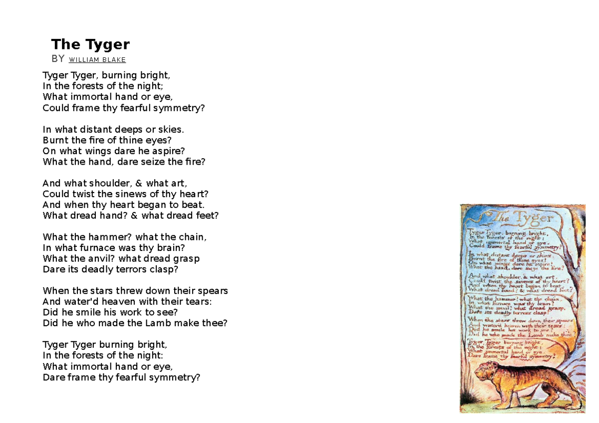 The Tyger - The Tyger BY W I L L I A M B L A K E Tyger Tyger, burning ...