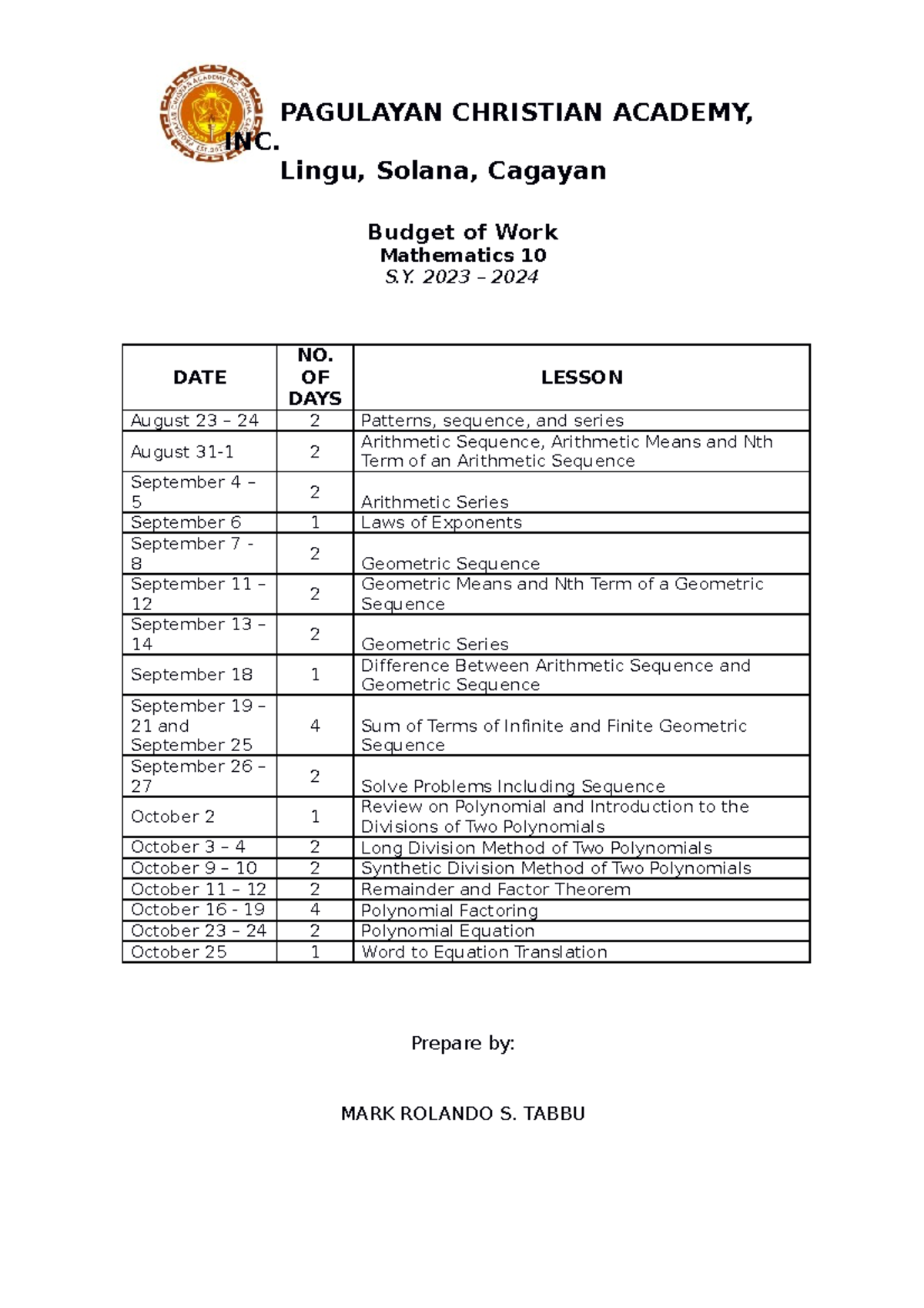 Grade 9-10 Mathematics BOW - PAGULAYAN CHRISTIAN ACADEMY, INC. Lingu ...