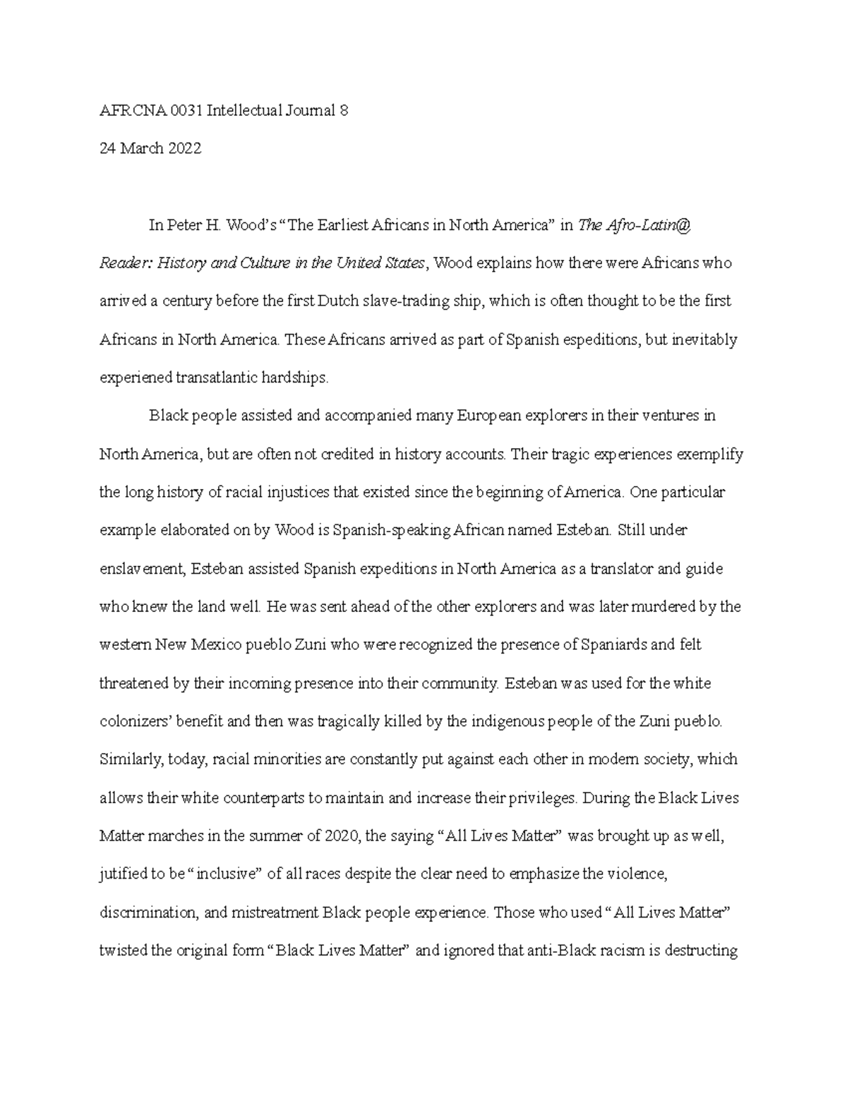 Intellectual Journal #8 - Wood’s “The Earliest Africans in North ...