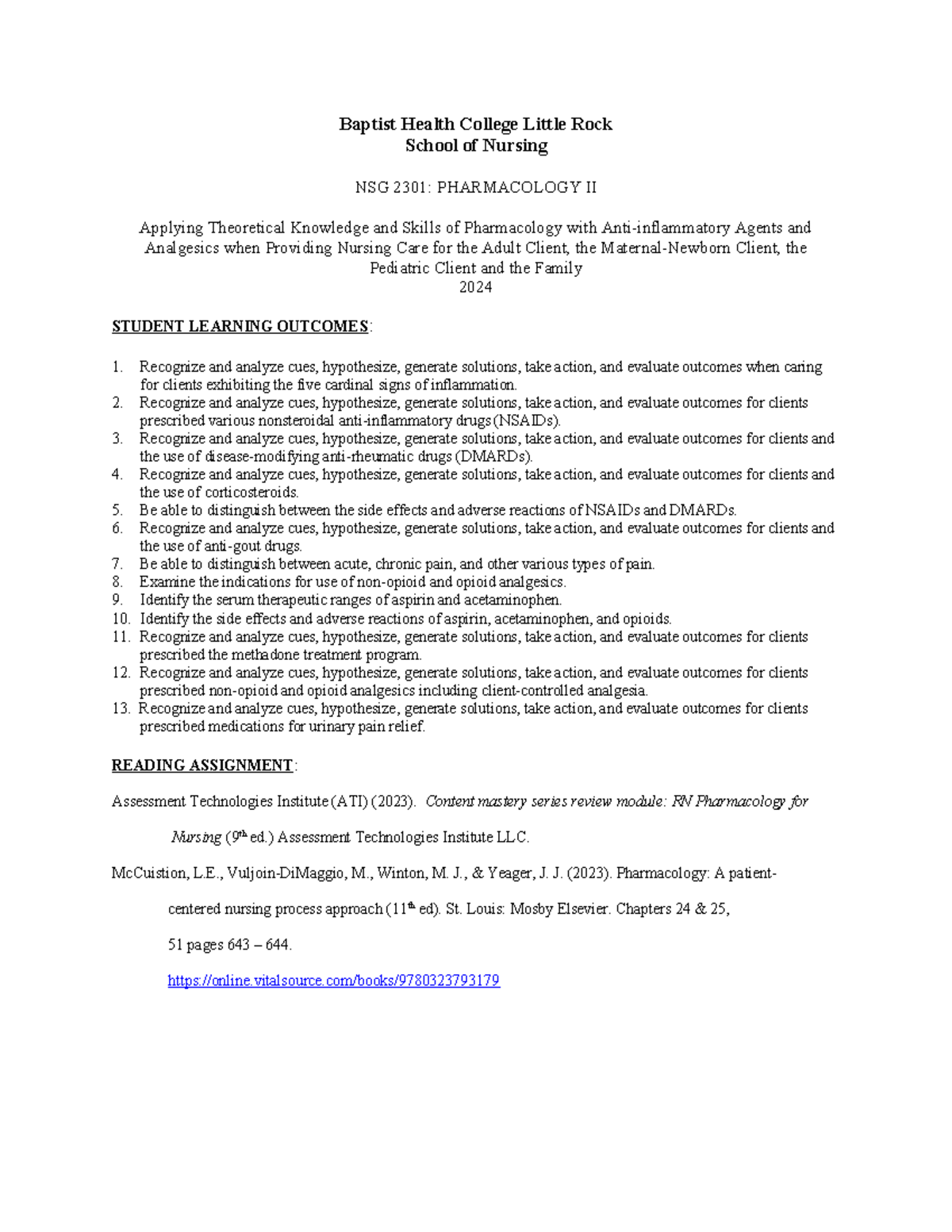 Antiinflammatory Analgesic SLOs updated - Baptist Health College Little ...