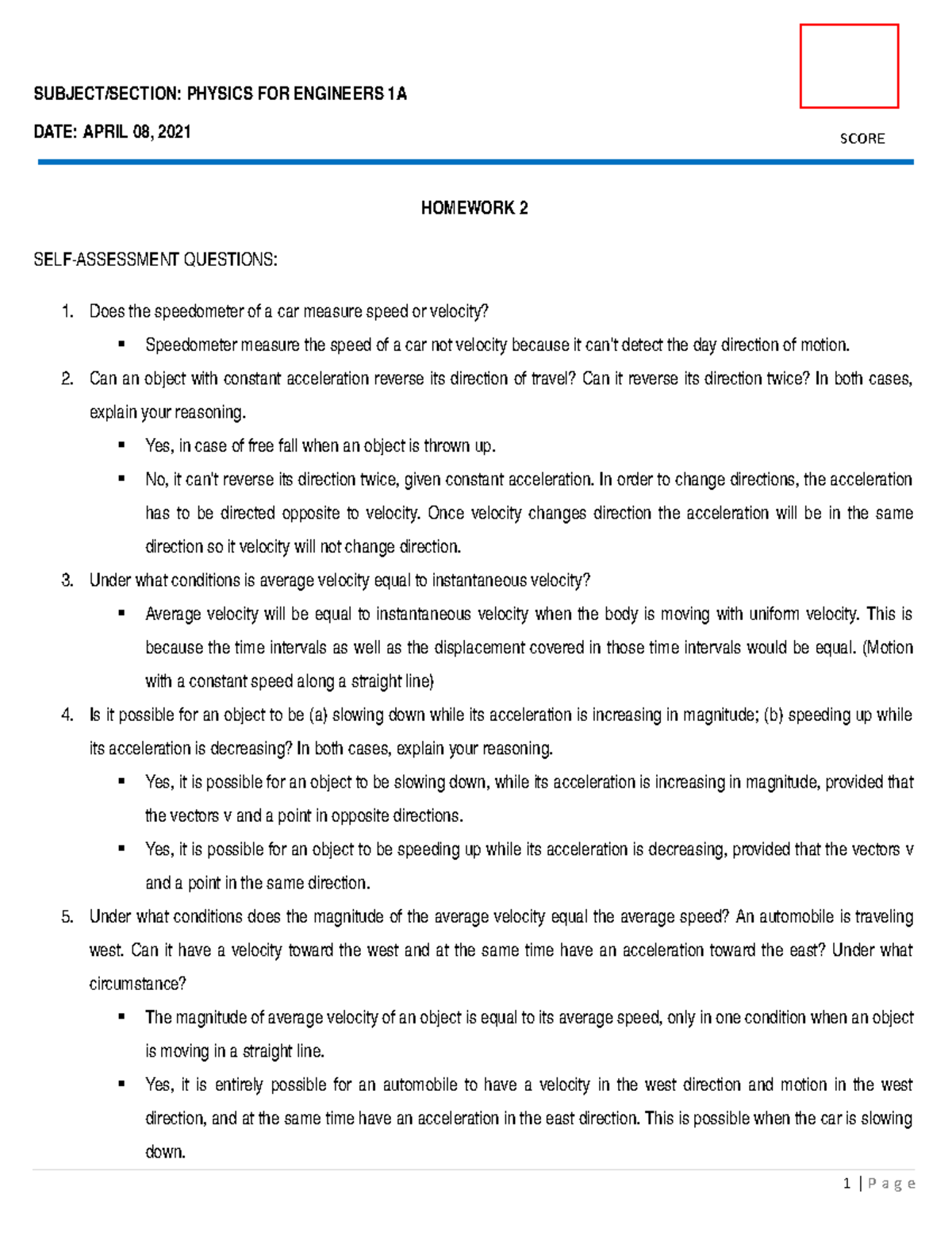 Homework 2 - ASSIGNMENTS - Physics For Engineers - PangSU - Studocu