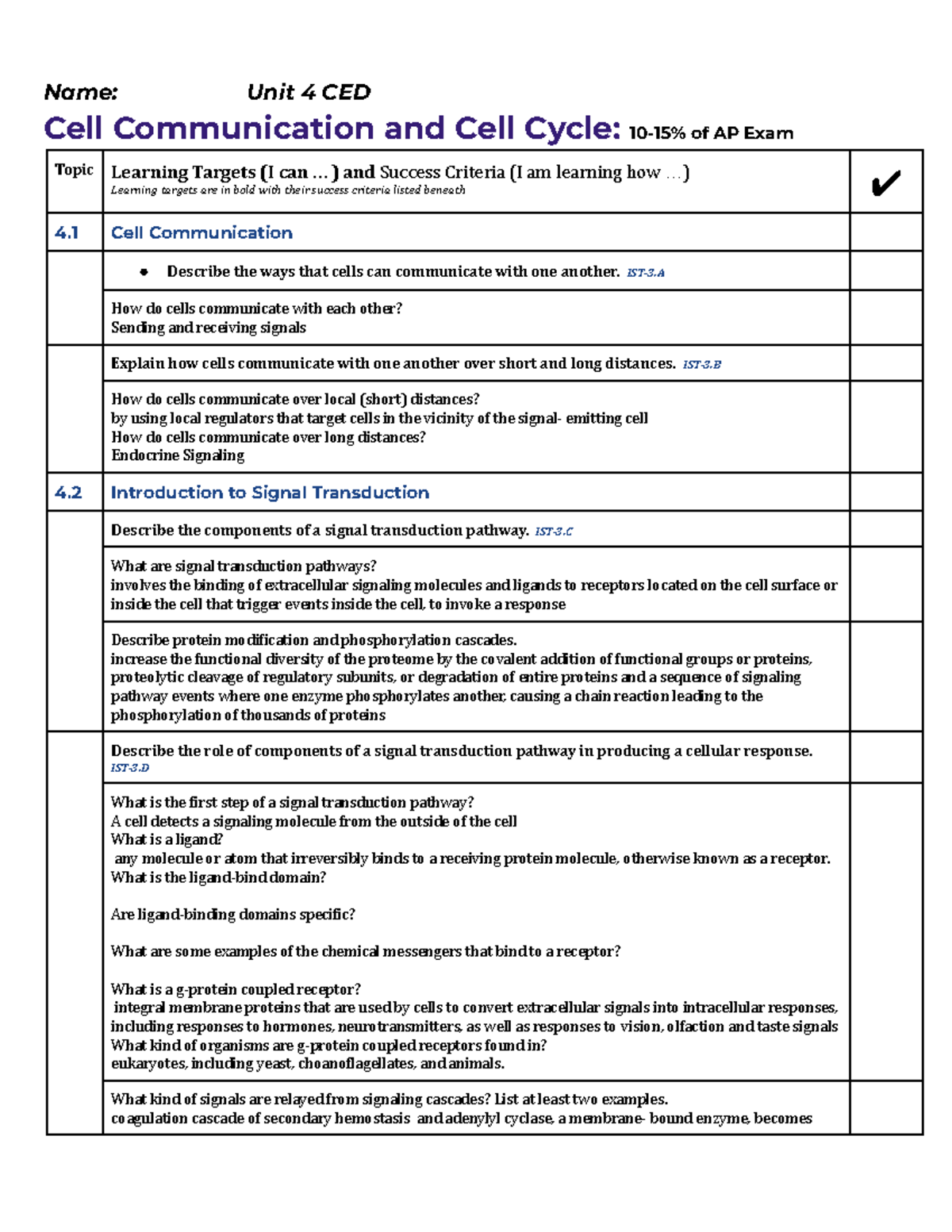 Copy of Unit 4 CED - Cell Signaling - Name: Unit 4 CED Cell ...