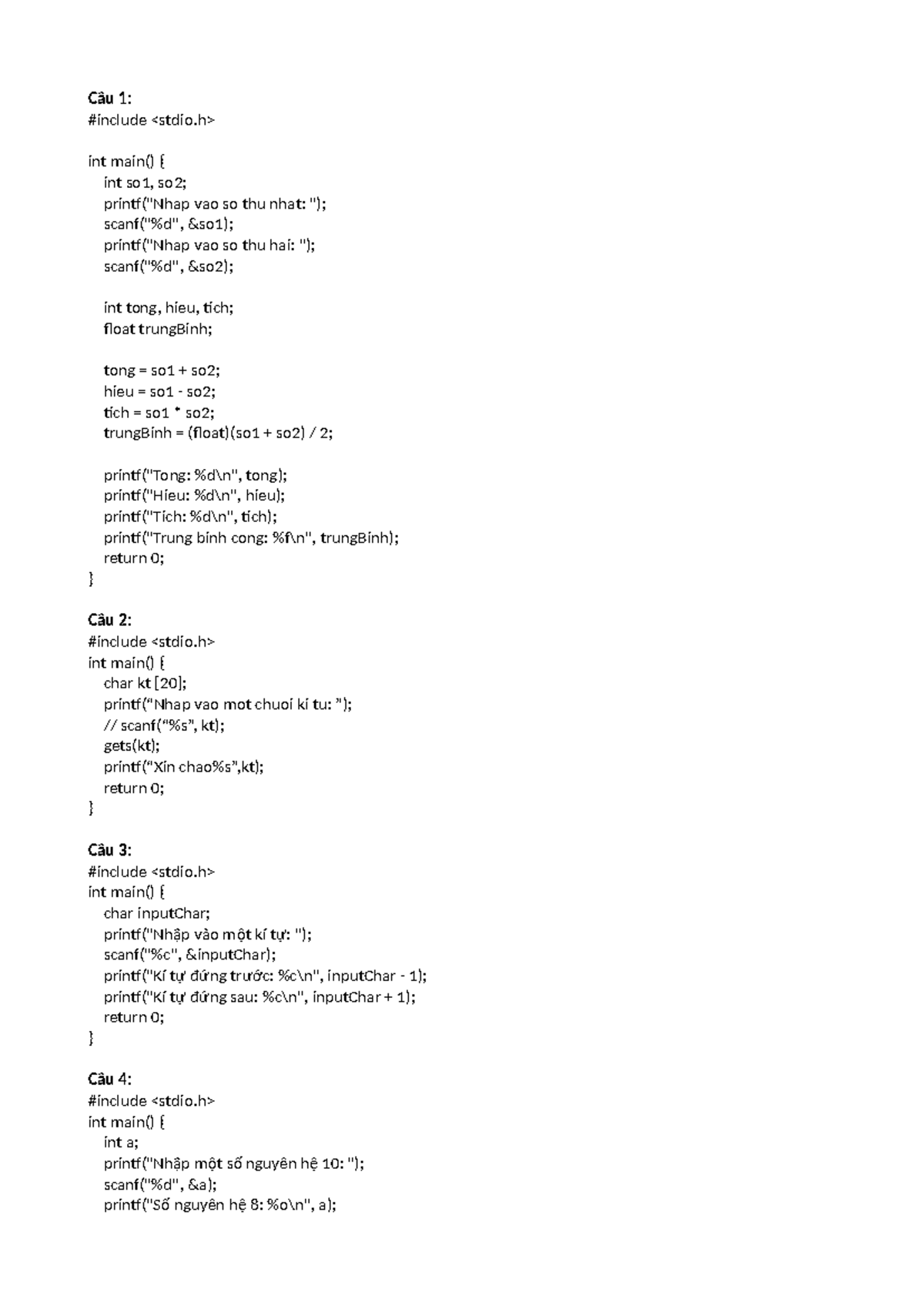 CSLT - cslt - Câu 1: #include int main() { int so1, so2; printf("Nhap vao so thu - Studocu