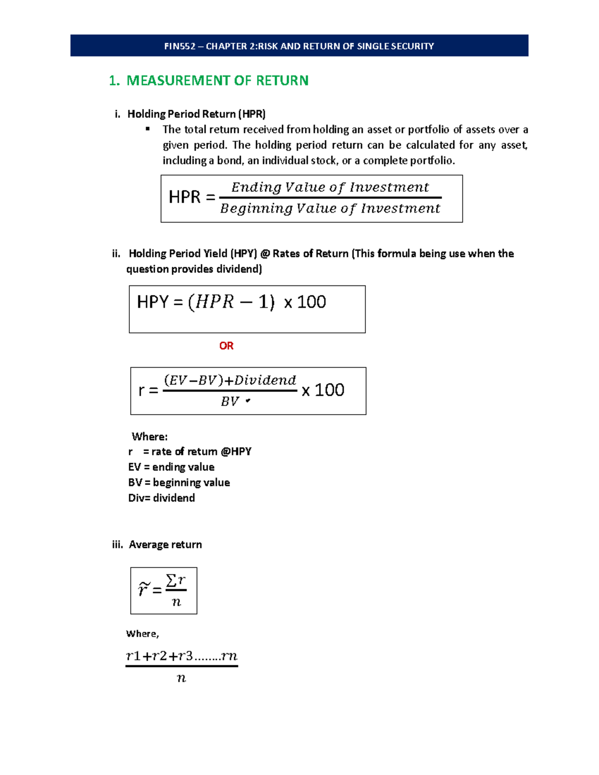 Chapter 2 : single security - 1. MEASUREMENT OF RETURN i. Holding ...