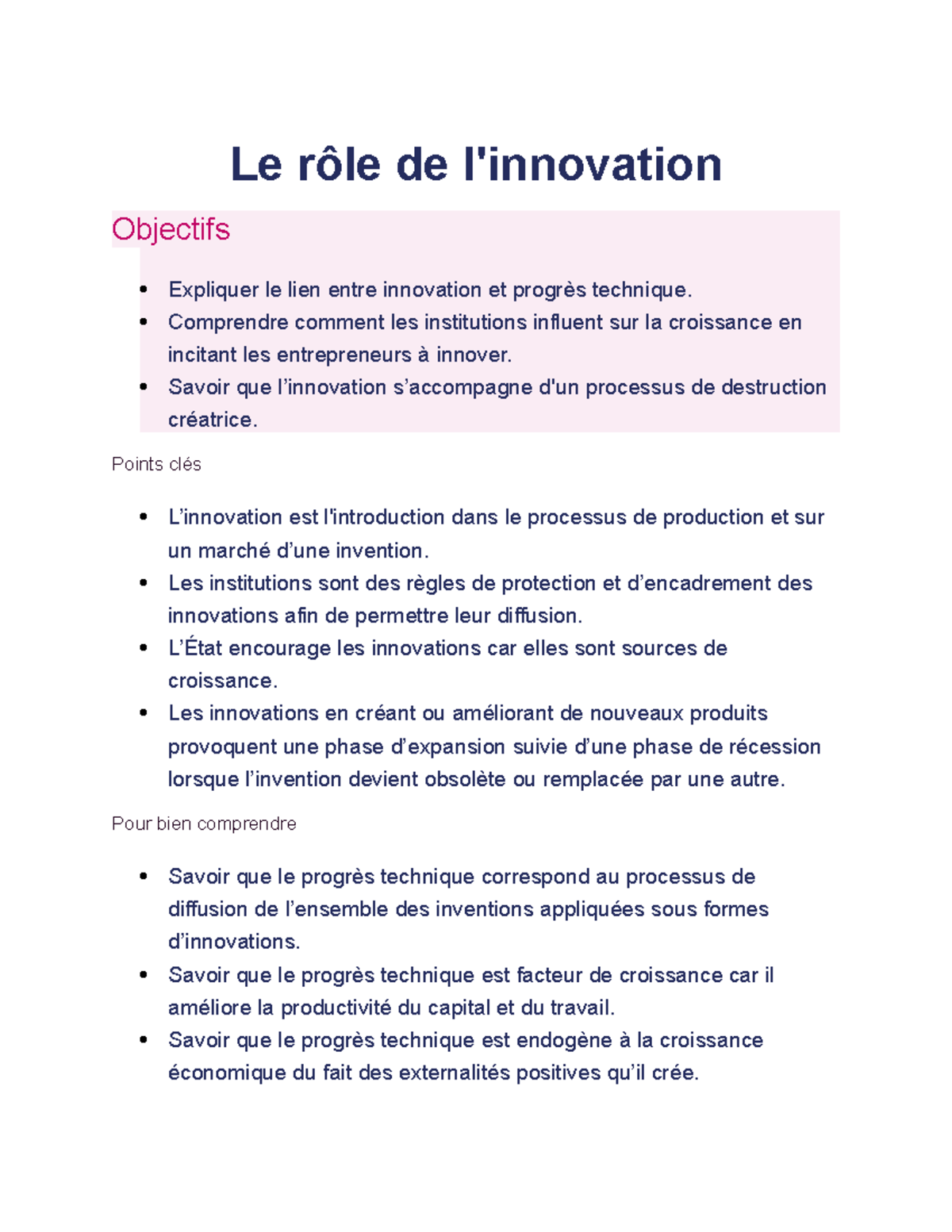 Le rôle de l'innovation - Le rôle de l'innovation Objectifs Expliquer ...