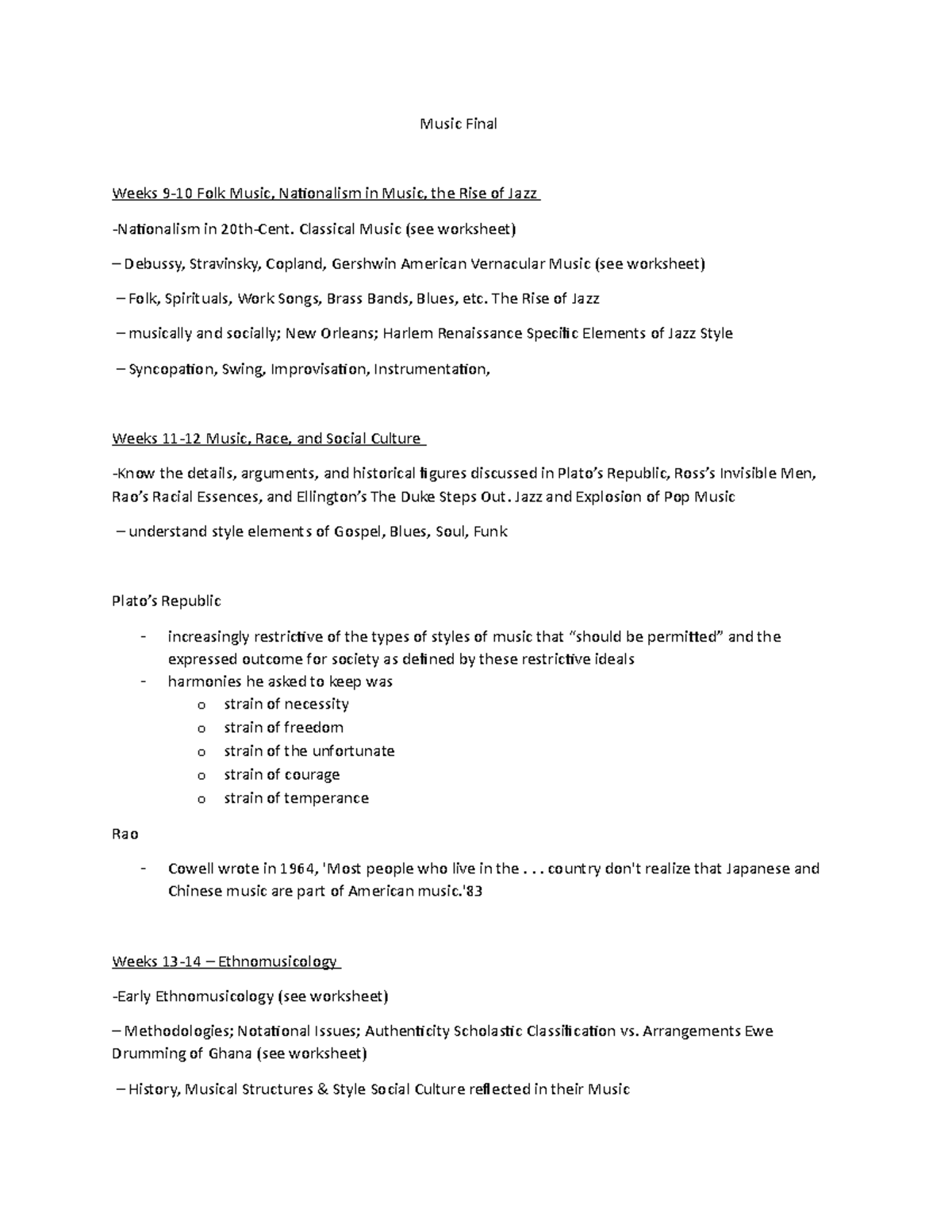 Final Exam Review Sheet - Music Final Weeks 9-10 Folk Music ...