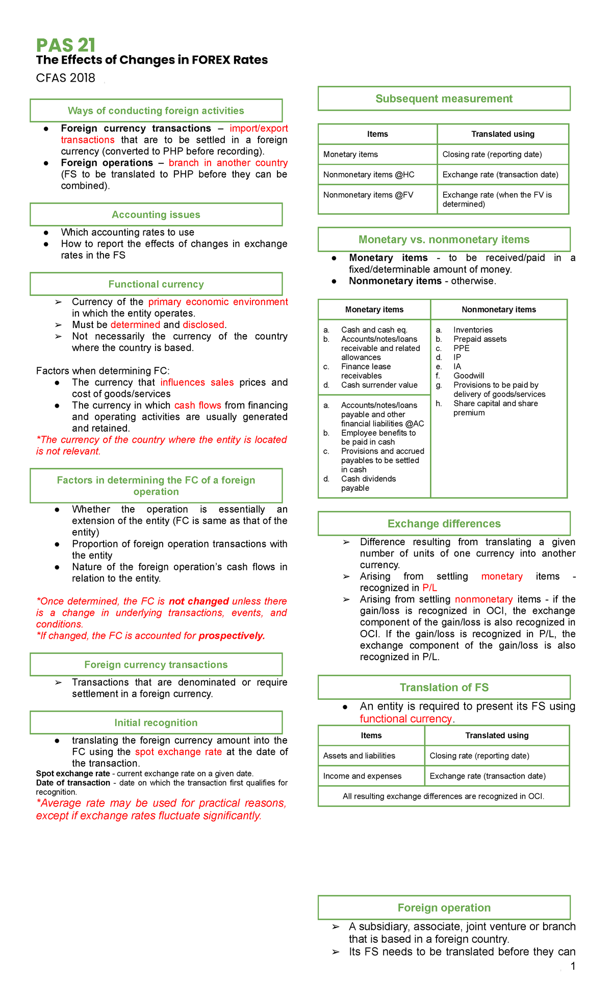 PAS 21 Notes - PAS 21 The Effects of Changes in FOREX Rates CFAS 2018 ...
