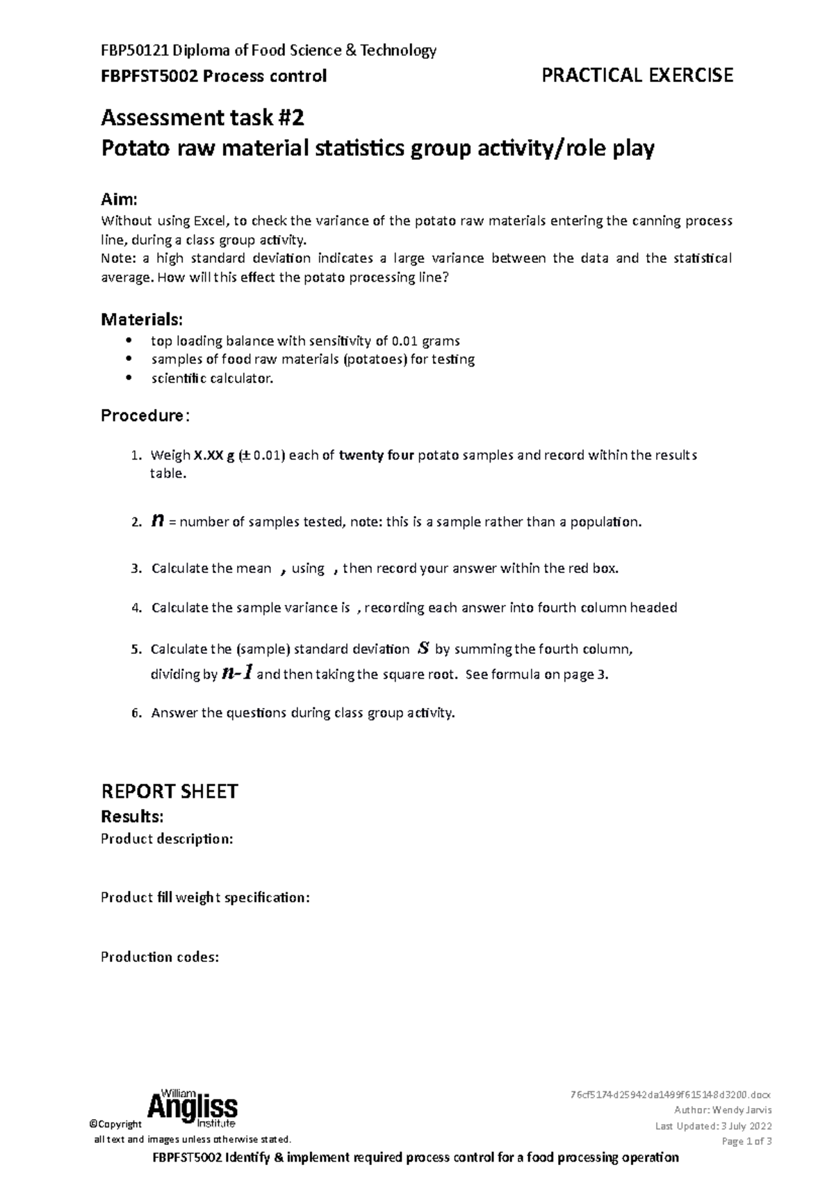 Potato statistics - FBP50121 Diploma of Food Science & Technology ...