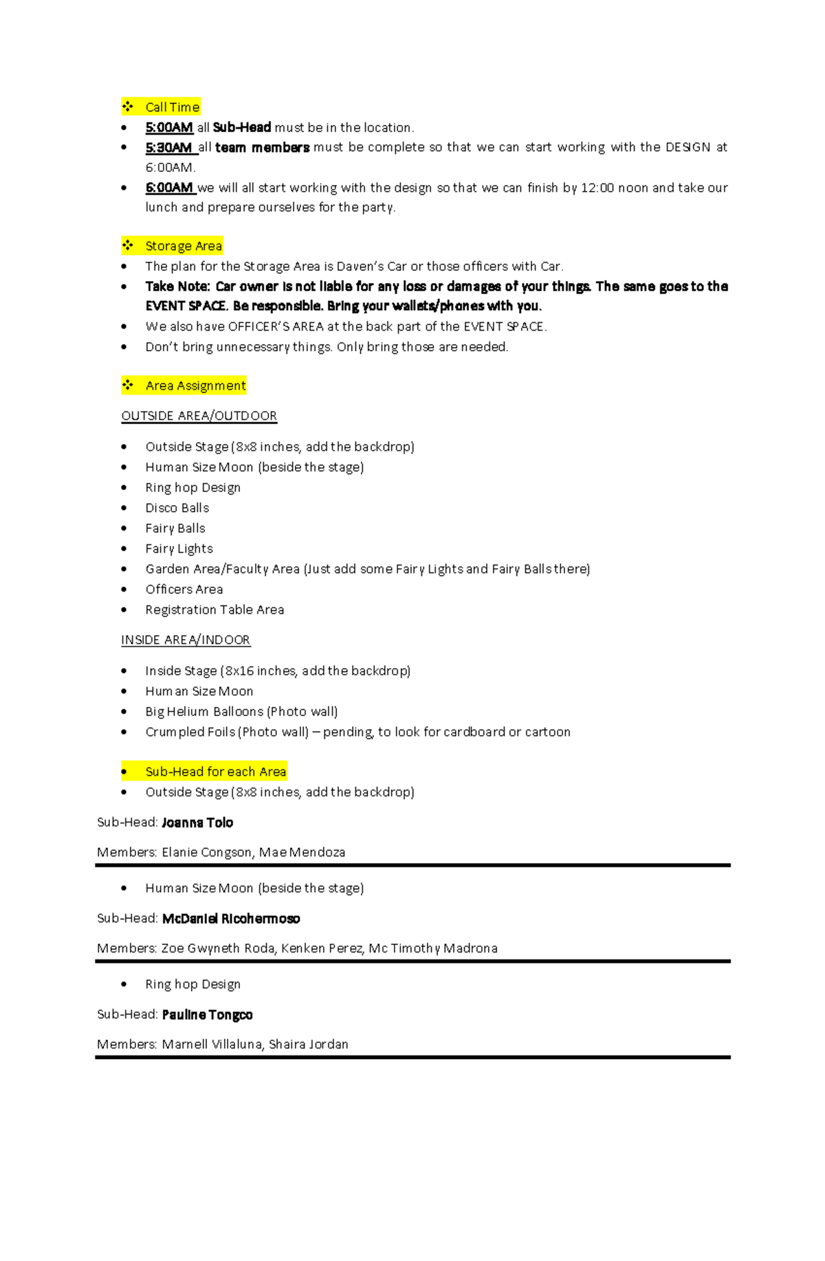 Meeting Details Design Committee - Call Time 5 :00AM all Sub-Head must be in the location. 5 :3 ...