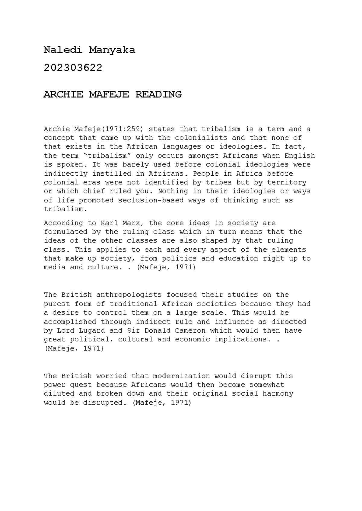 Archie Mafeje 1971 - an assignment i submitted - Naledi Manyaka ...