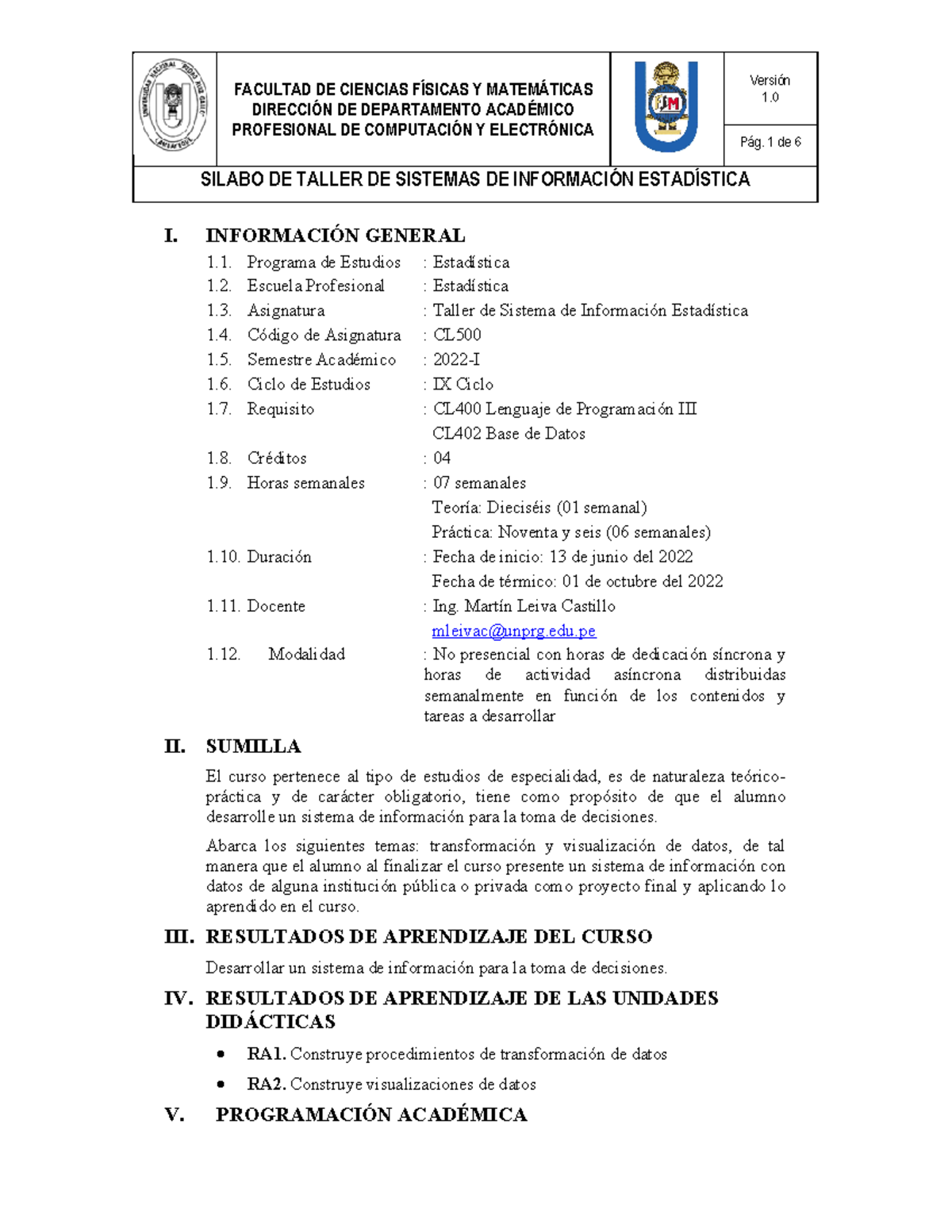 Sílabo TSIE 2022-I - silabo - FACULTAD DE CIENCIAS FÍSICAS Y ...