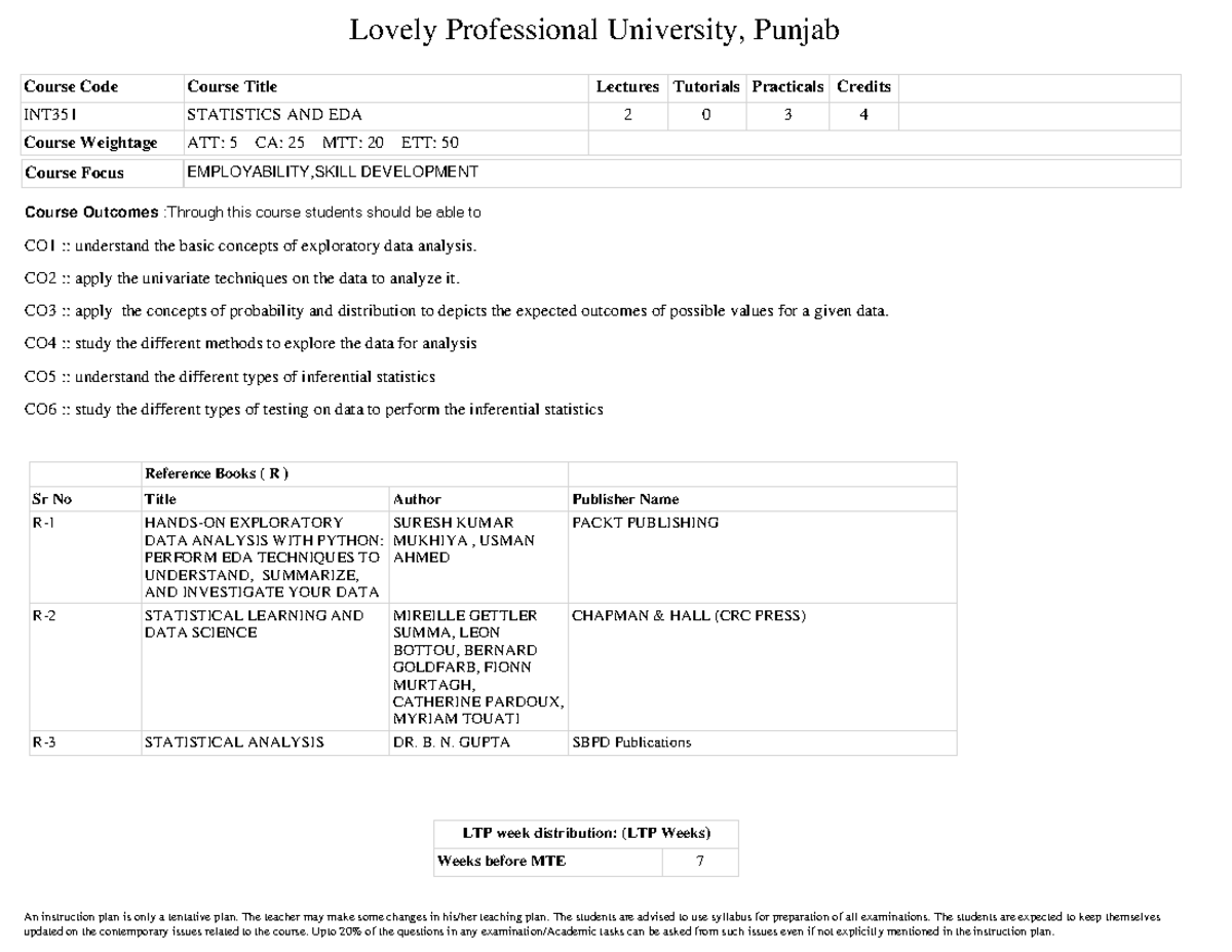 EDA IP - Instruction Plan - Lovely Professional University, Punjab Course Code Course Title ...