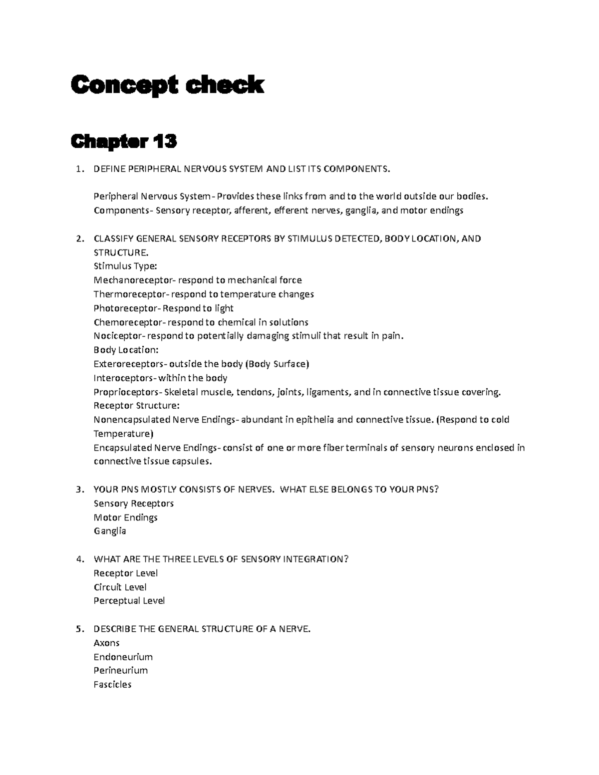Chapter 13 Concept Check Questions - Concept check Chapter 13 1. DEFINE PERIPHERAL NERVOUS ...