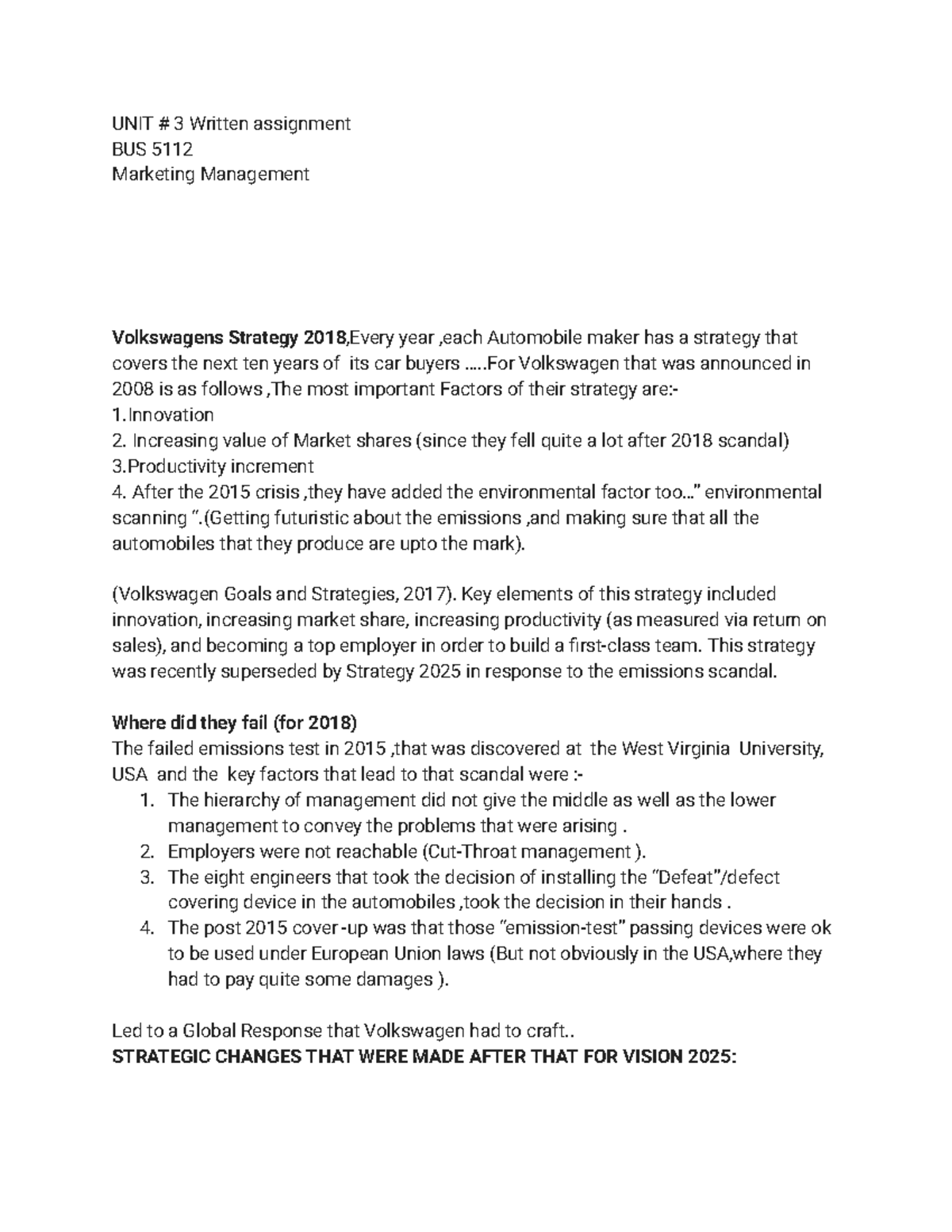 Written Assignment UNIT 3 , REAL-TIME Article ON Volkswagen - UNIT # 3 ...