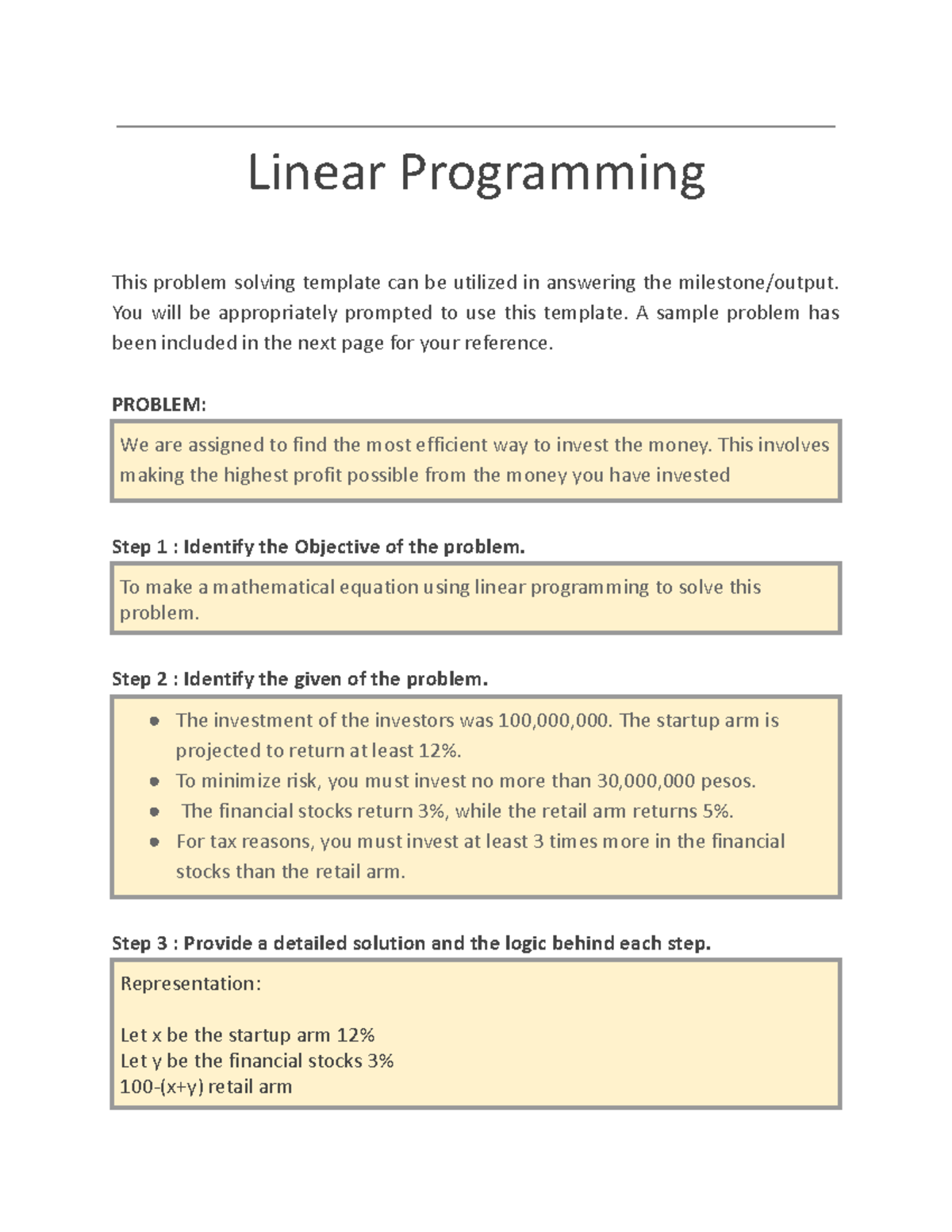 Linear Programming - Linear Programming This problem solving template ...