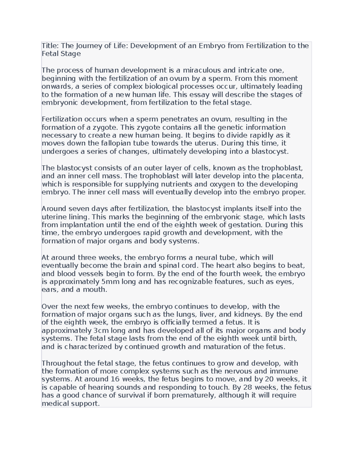 The Journey of Life - Development of an Embryo from Fertilization to ...