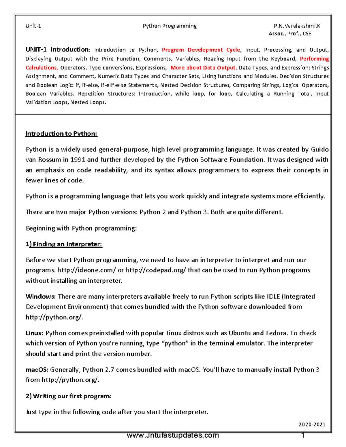 R19 Python Unit 1 Ref 2 Unit 1 Python Programming Pnvaralakshmi Assoc Prof Cse 2020