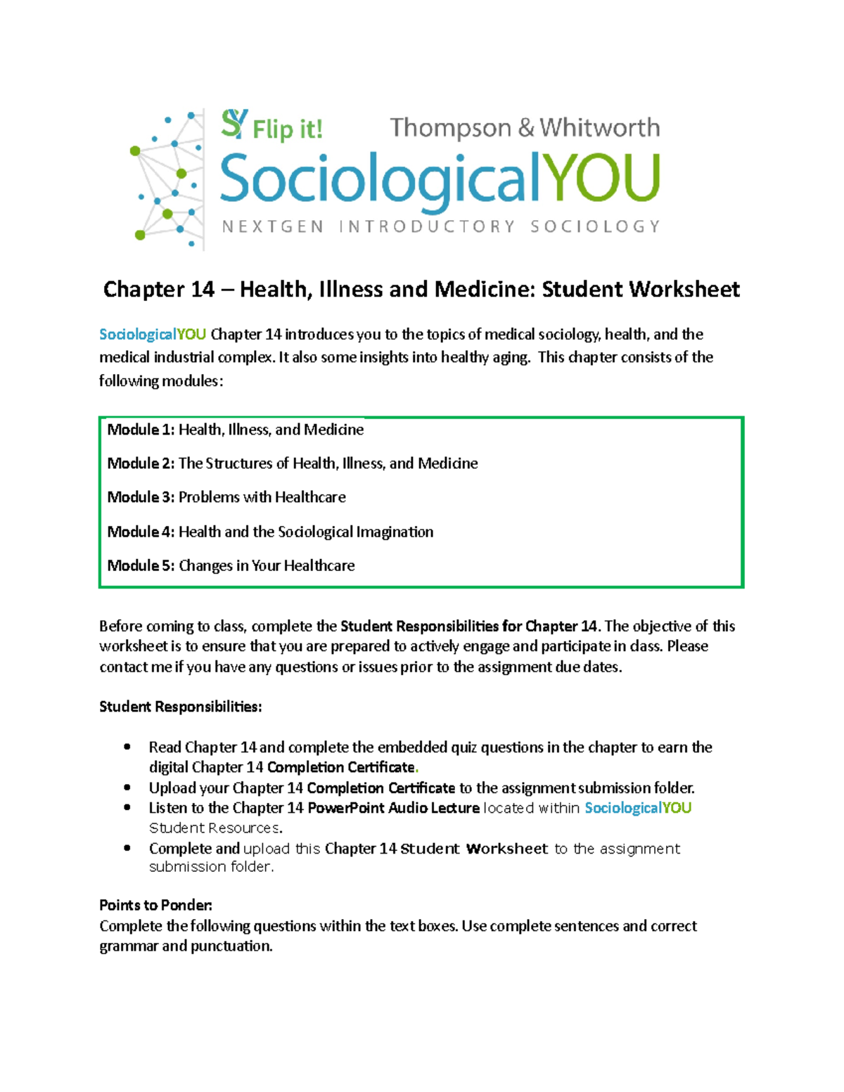 Chapter 14 Student Worksheet - Chapter 14 – Health, Illness and ...