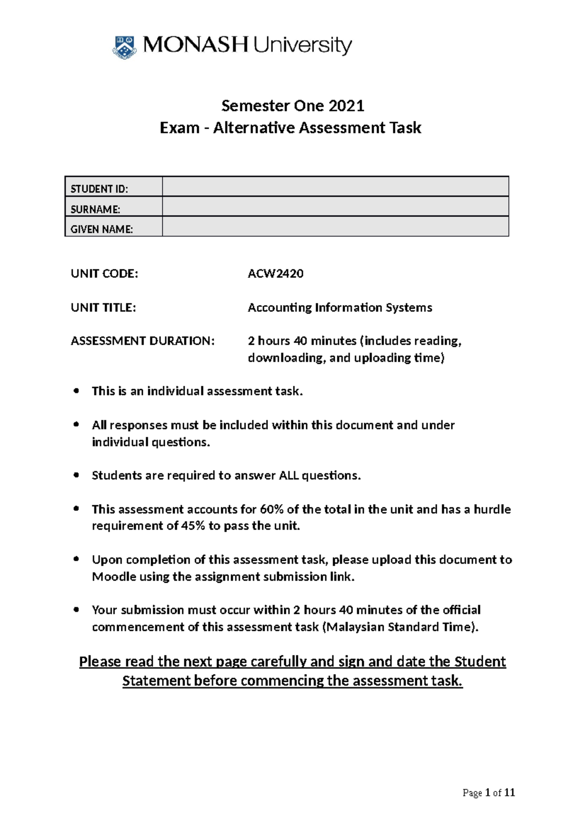 ACW2420 Main Paper S1 2021 Final - Semester One 2021 Exam - Alternative ...