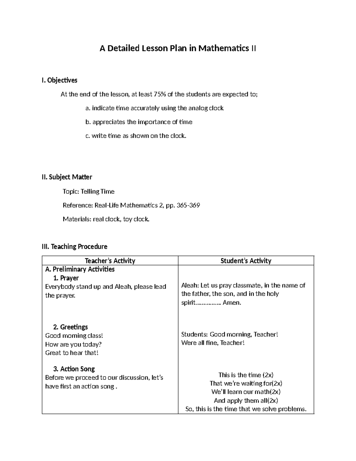 A Detailed Lesson Plan in Mathematics II - Objectives At the end of the ...
