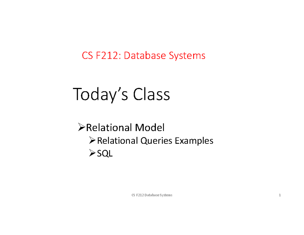 BITS Pilani DBS Lecture Slides - Class 11 - CS F212: Database Systems ...