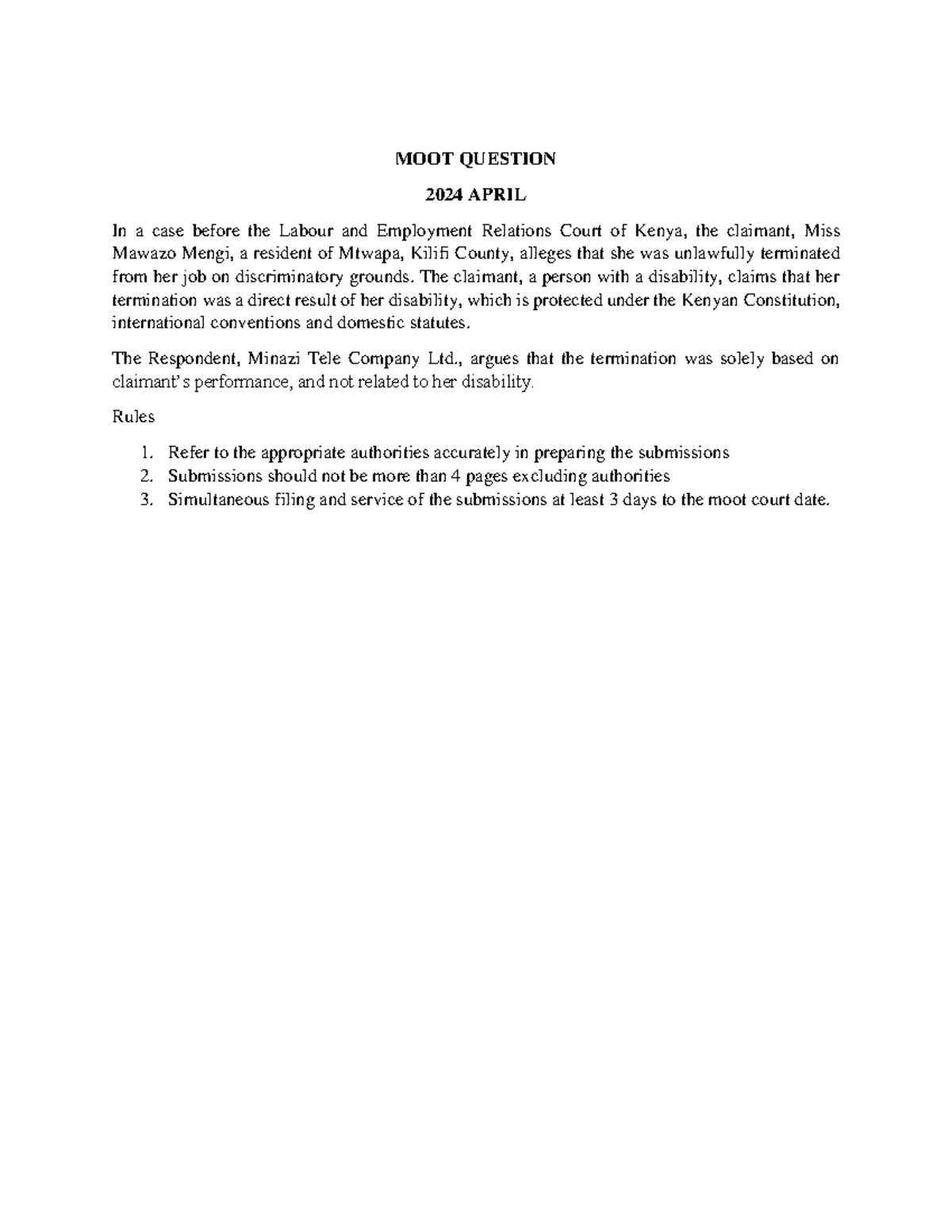 Moot Question for Employment law 2024 - MOOT QUESTION 2024 APRIL In a ...