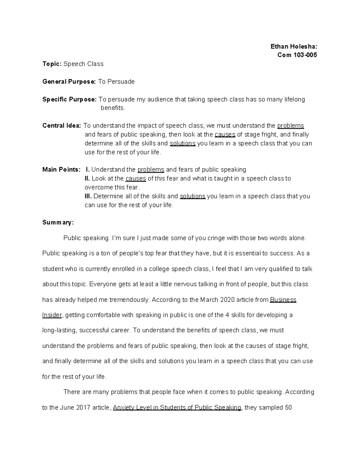 Persuasive Speech - Ethan Holesha: Com 103- Topic: Speech Class General ...
