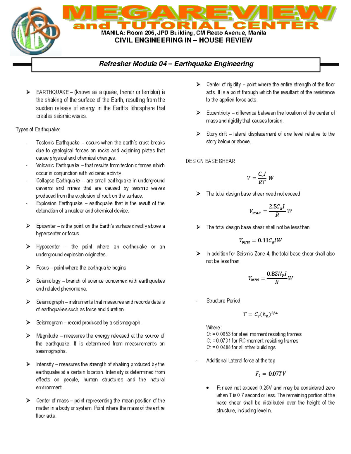Refresher Module 04 S28 Earthquake Engineering - MANILA: Room 206, JPD ...