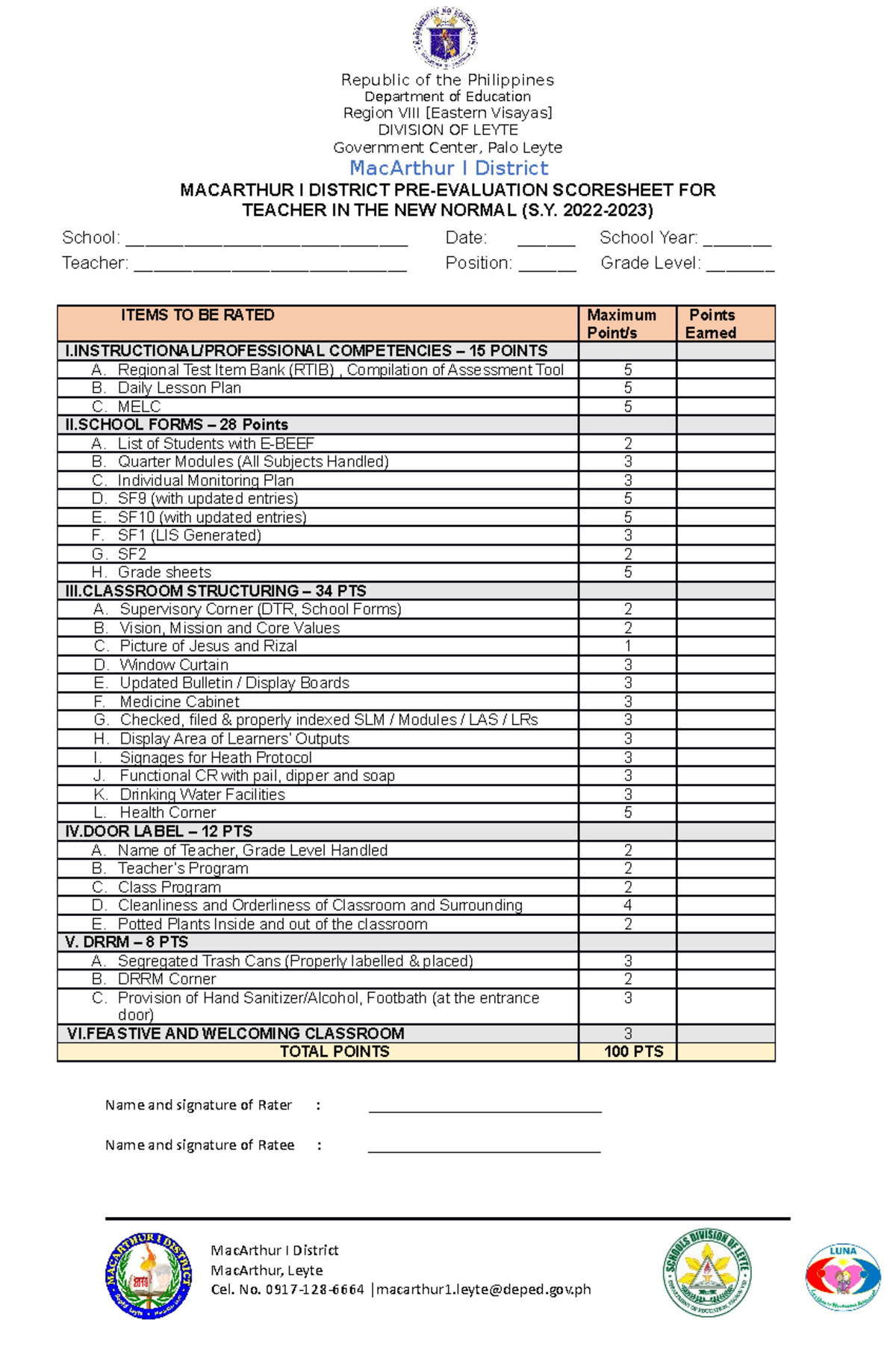 Pre Evaluation Checklist for Teacher - Republic of the Philippines ...