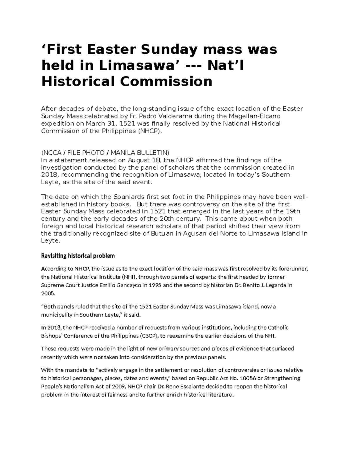 First Easter Sunday mass was held in Limasawa - ‘First Easter Sunday ...