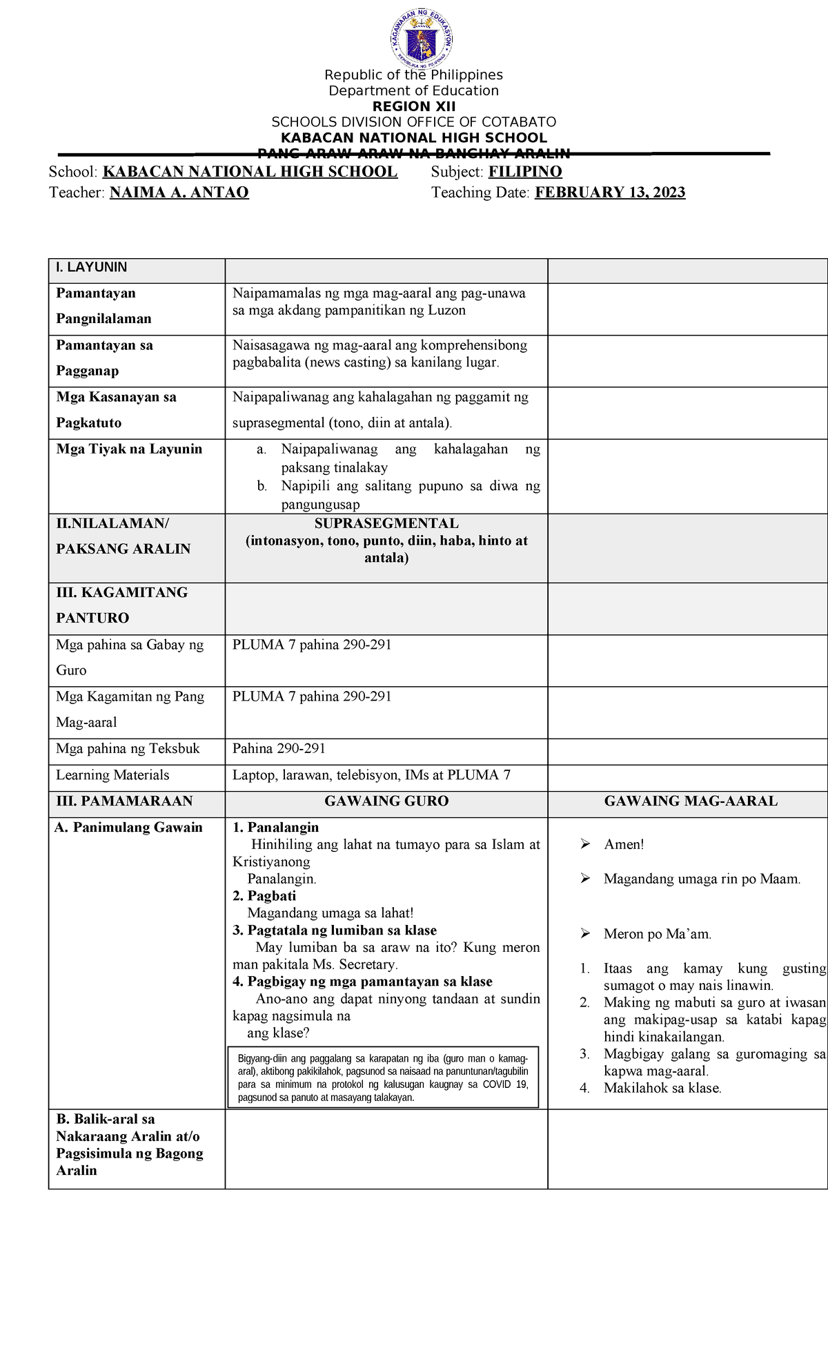 DLP (Feb. 13) - Republic of the Philippines Department of Education ...