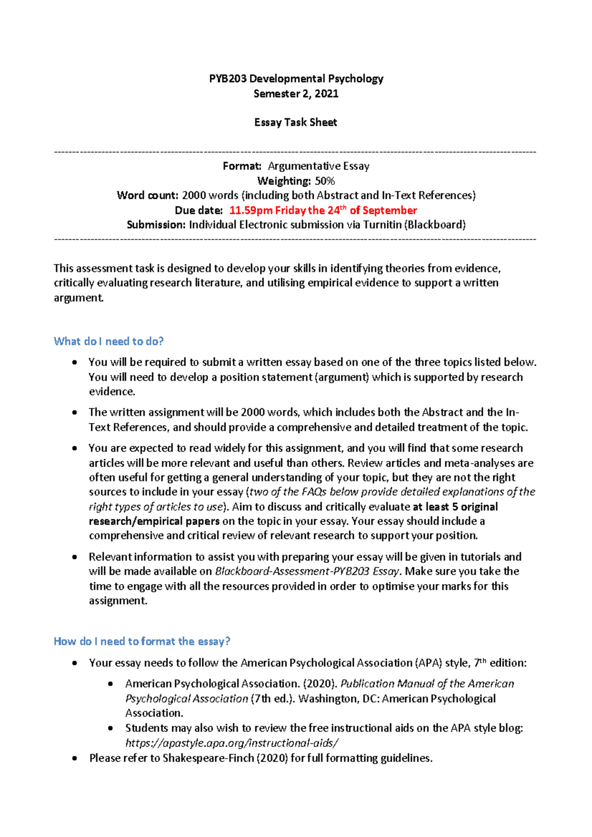 PYB203 Essay Task Sheet 2021 - PYB 203 Developmental Psychology Semester 2, 2021 Essay Task ...