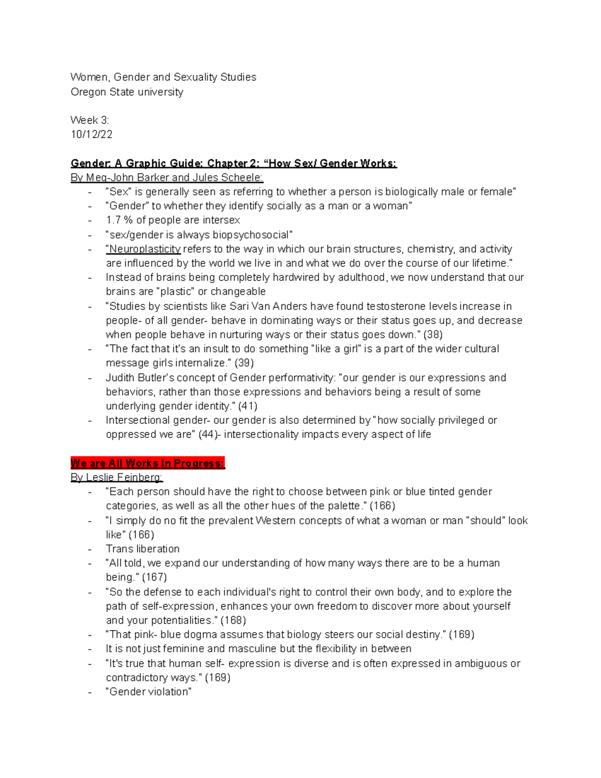 WGSS Week 3 Readings - Women, Gender and Sexuality Studies Oregon State university Week 3: 10/12 ...