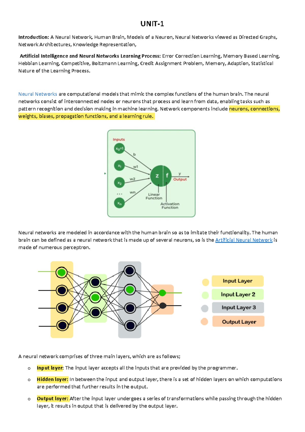 Unit 1 R - neural networks - UNIT- 1 Introduction: A Neural Network, Human Brain, Models of a ...