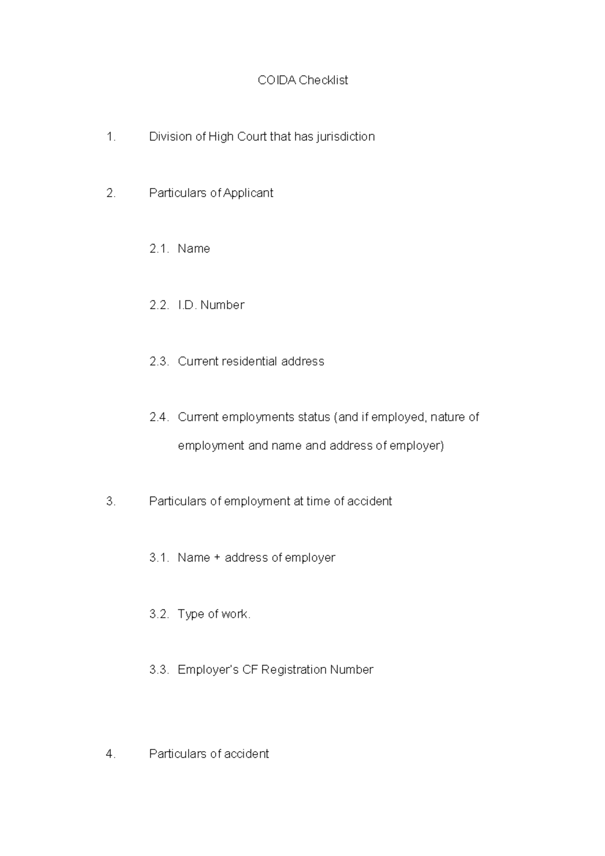 COIDA Checklist - COIDA Checklist Division of High Court that has ...