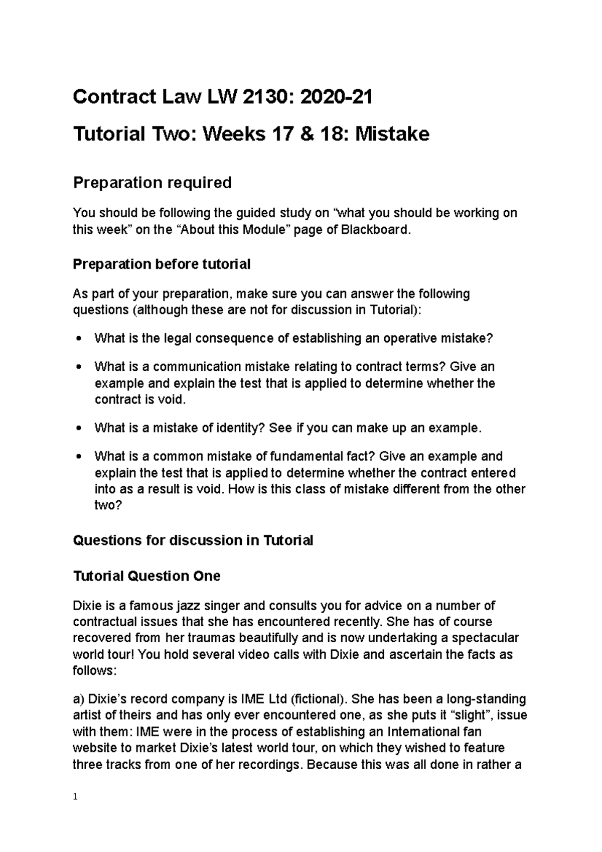 0000 Contract Law 2020-21 LW2130 Tutorial Mistake - Contract Law LW 2130: 2020- Tutorial Two ...
